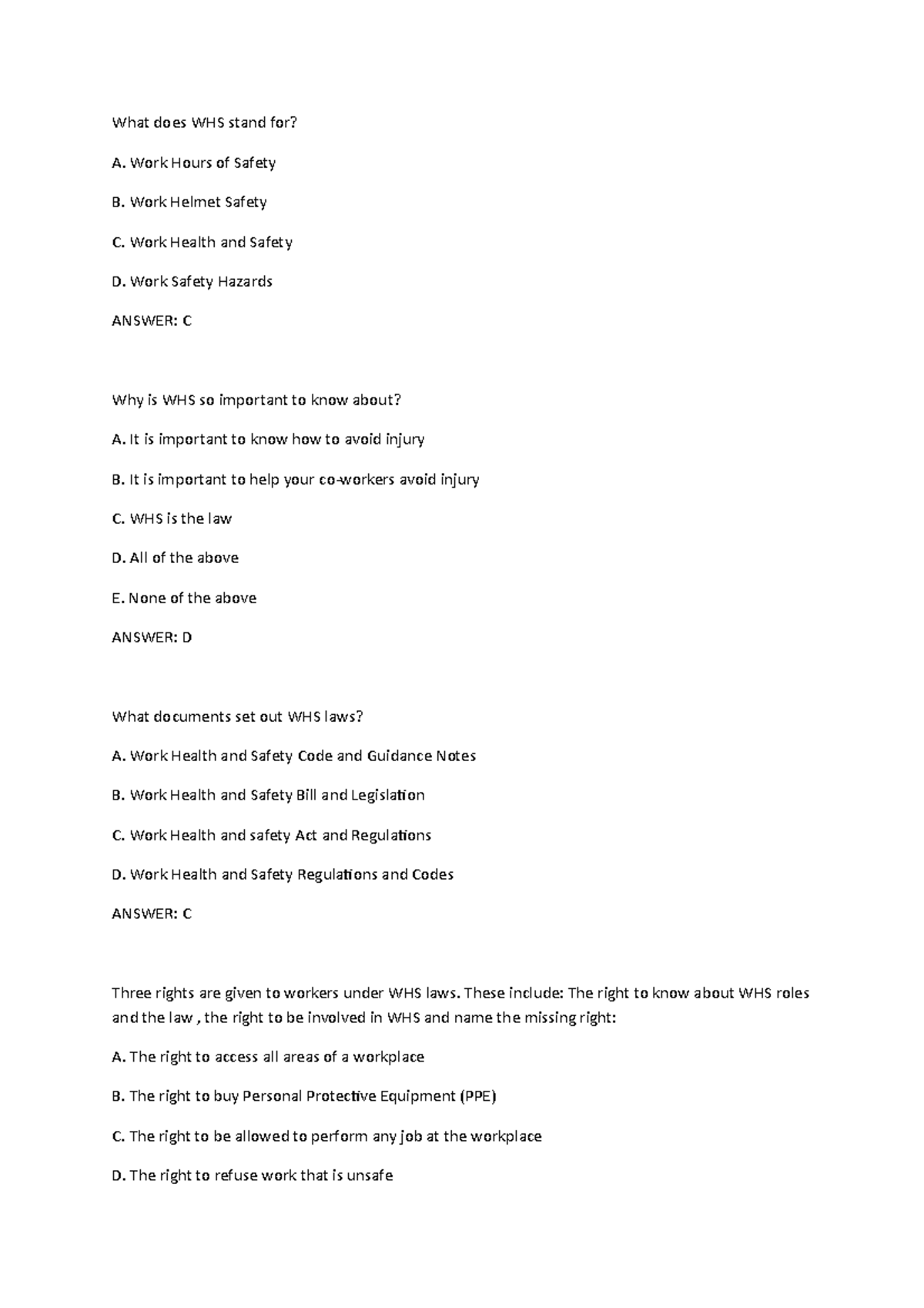 Quiz 11 May, questions and answers - What does WHS stand for? A. Work ...