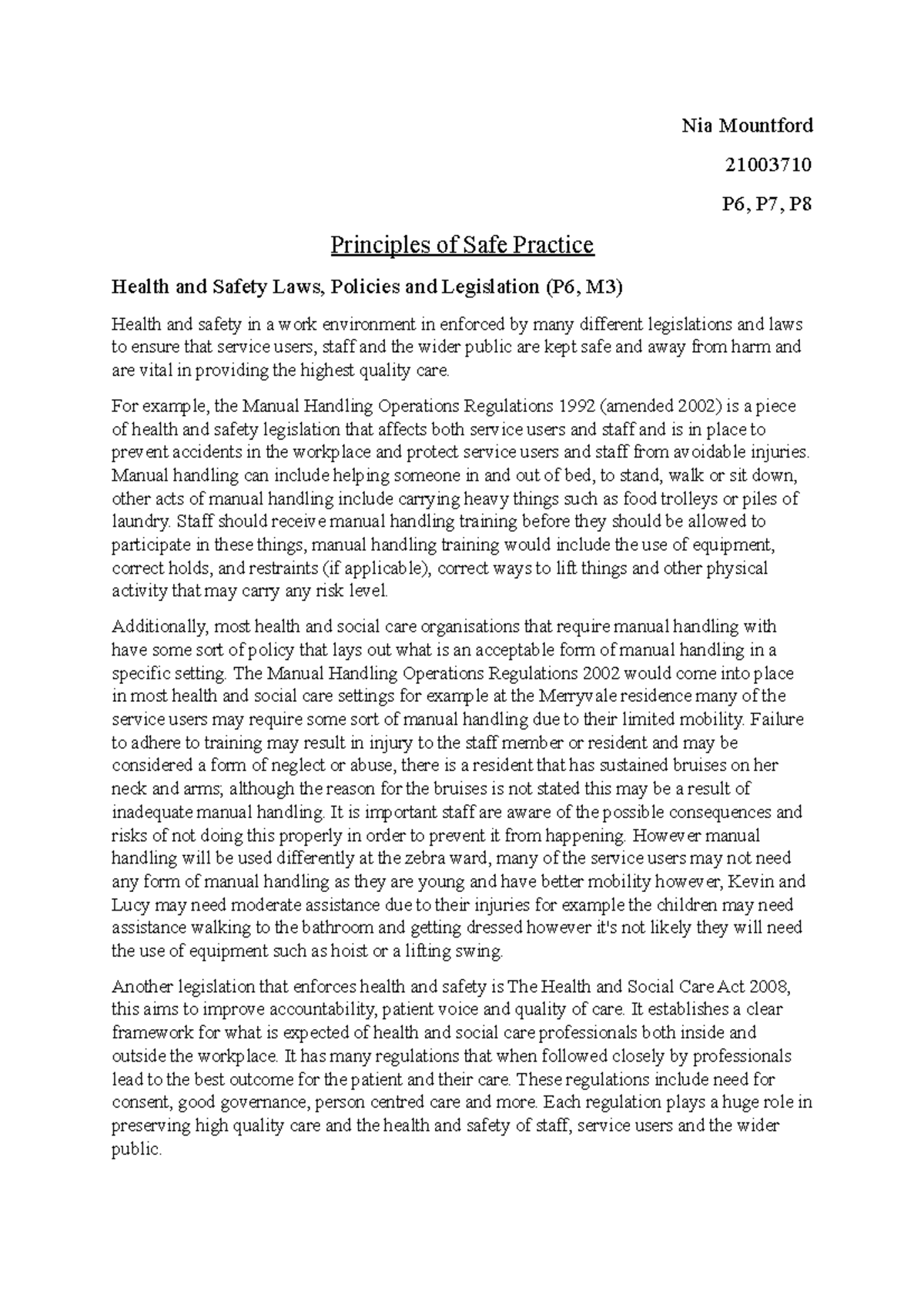 Unit7Principles Of Safe Practice - Nia Mountford 21003710 P6, P7, P ...