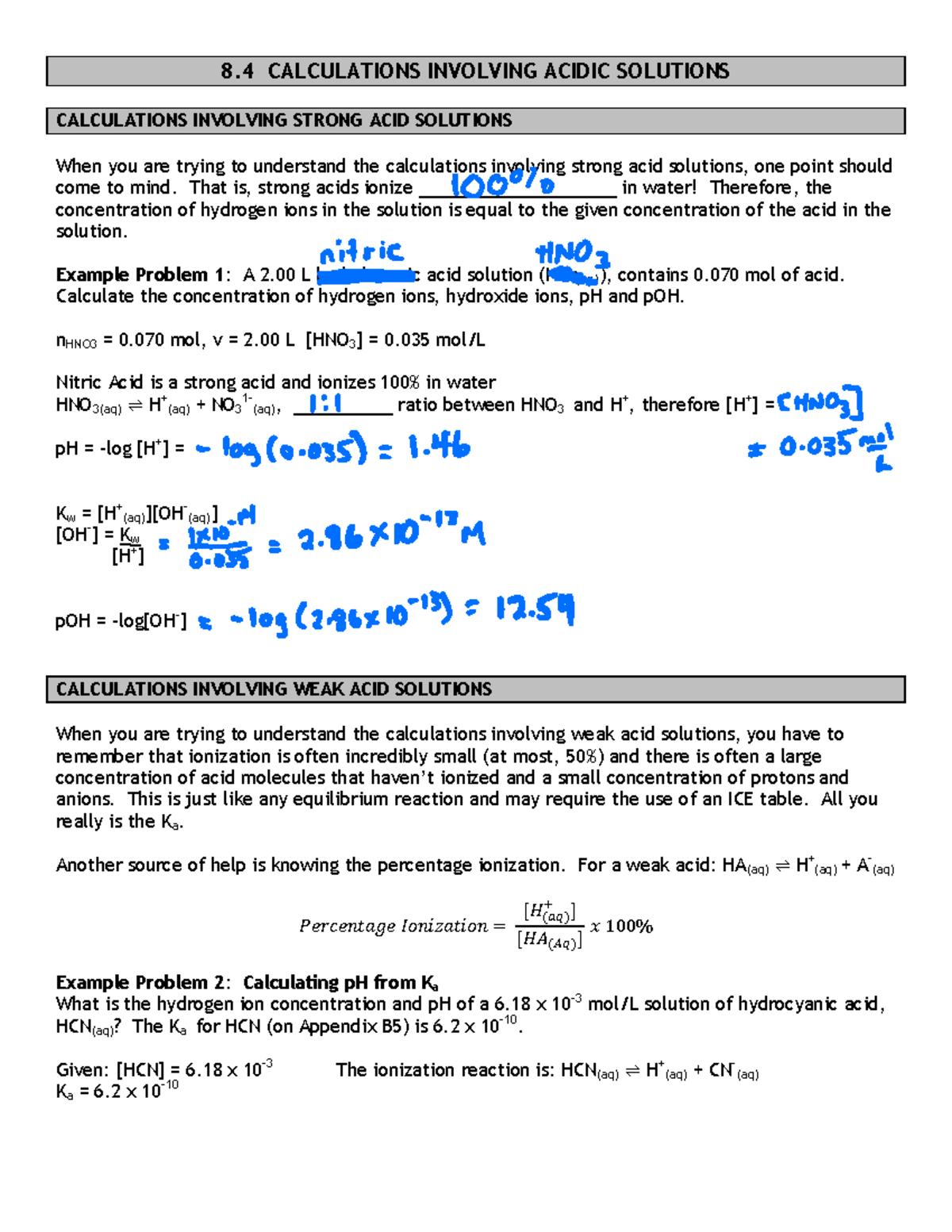 8.4 - calculations involving acidic solutions - student handout 1 - 8 ...
