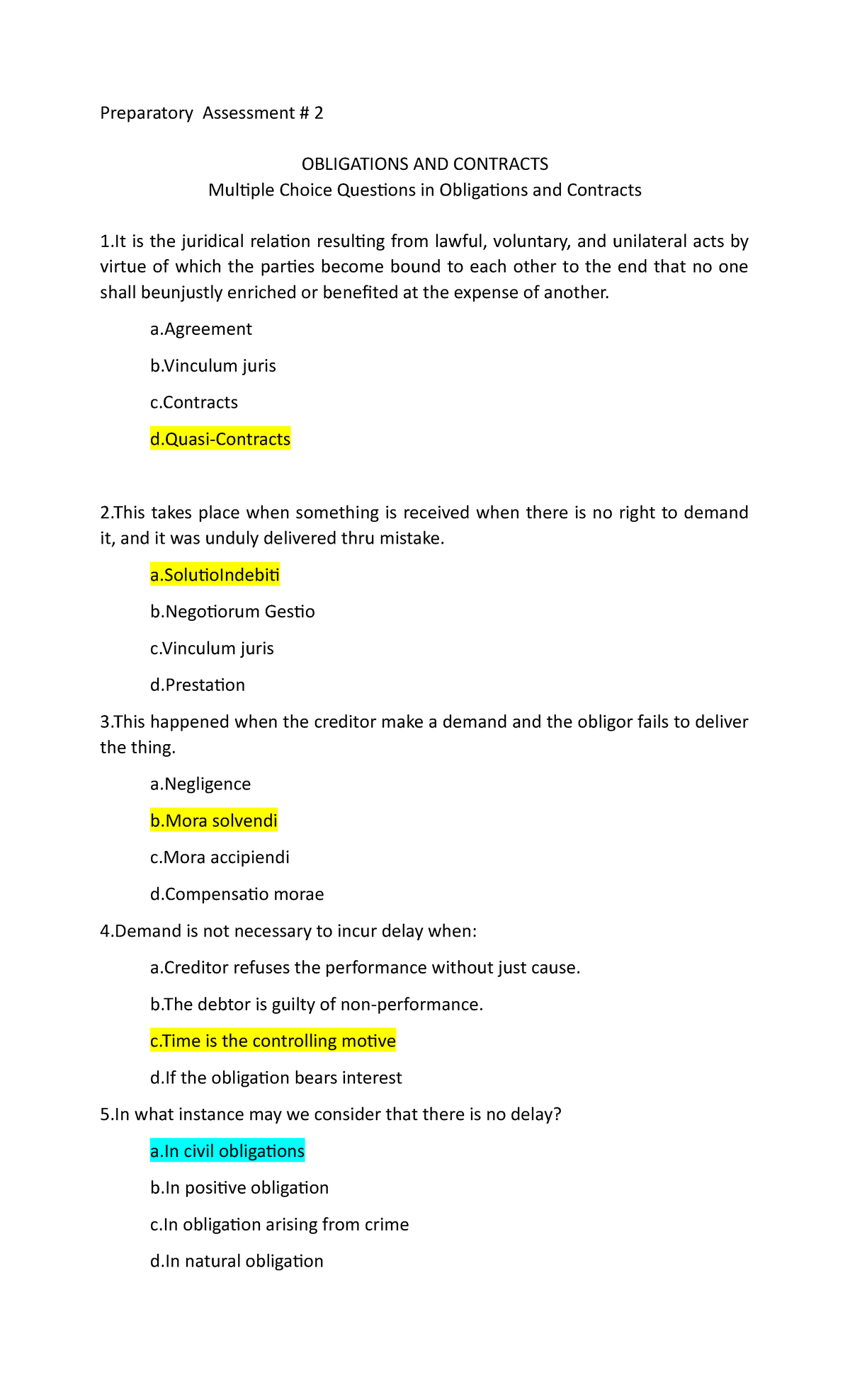 Oblicon Quiz 2 - Law on Obligations and Contracts - Preparatory Assessment # 2 OBLIGATIONS AND ...