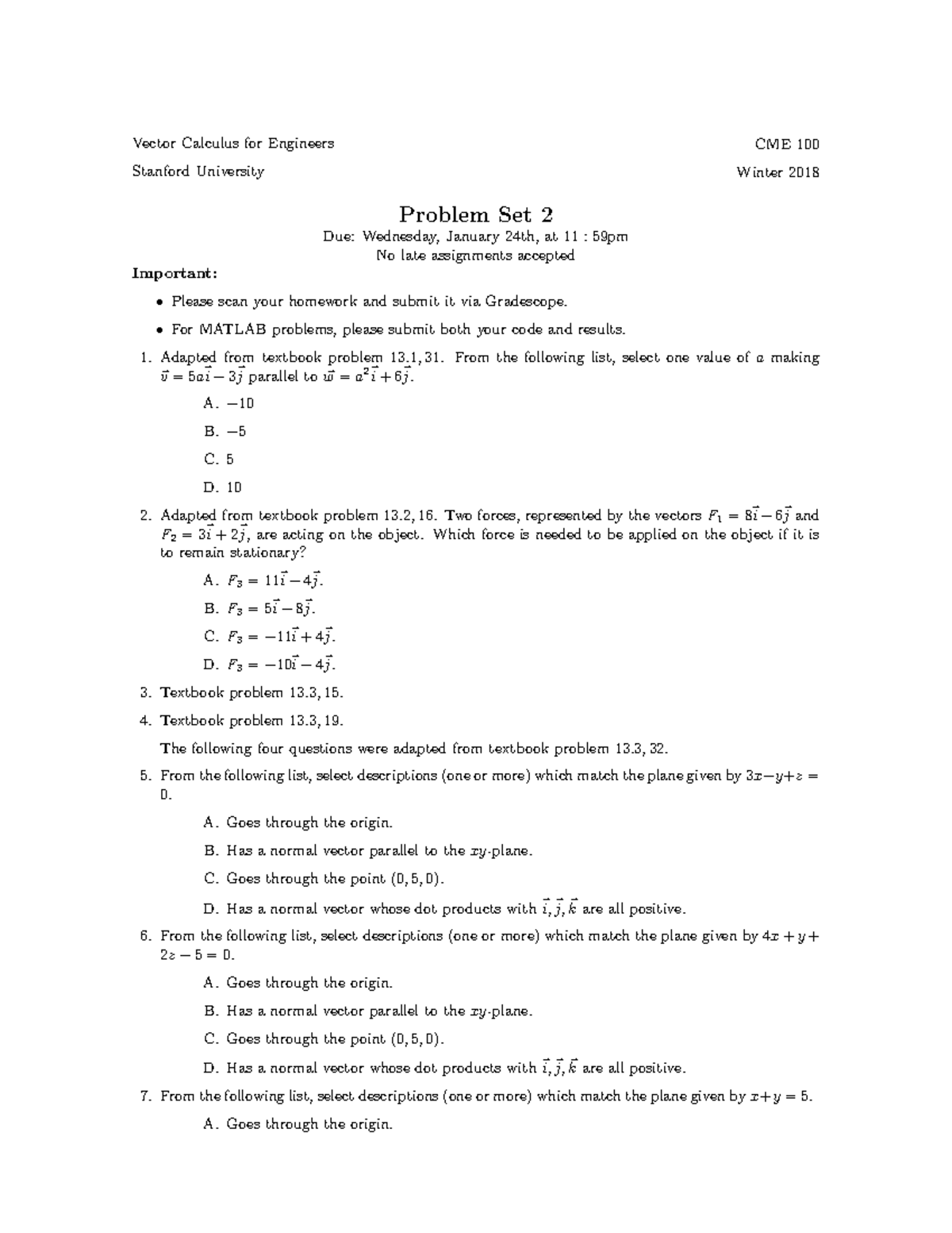 Hw2 - Problem set for Vector Calculus For Engineers - Vector Calculus ...