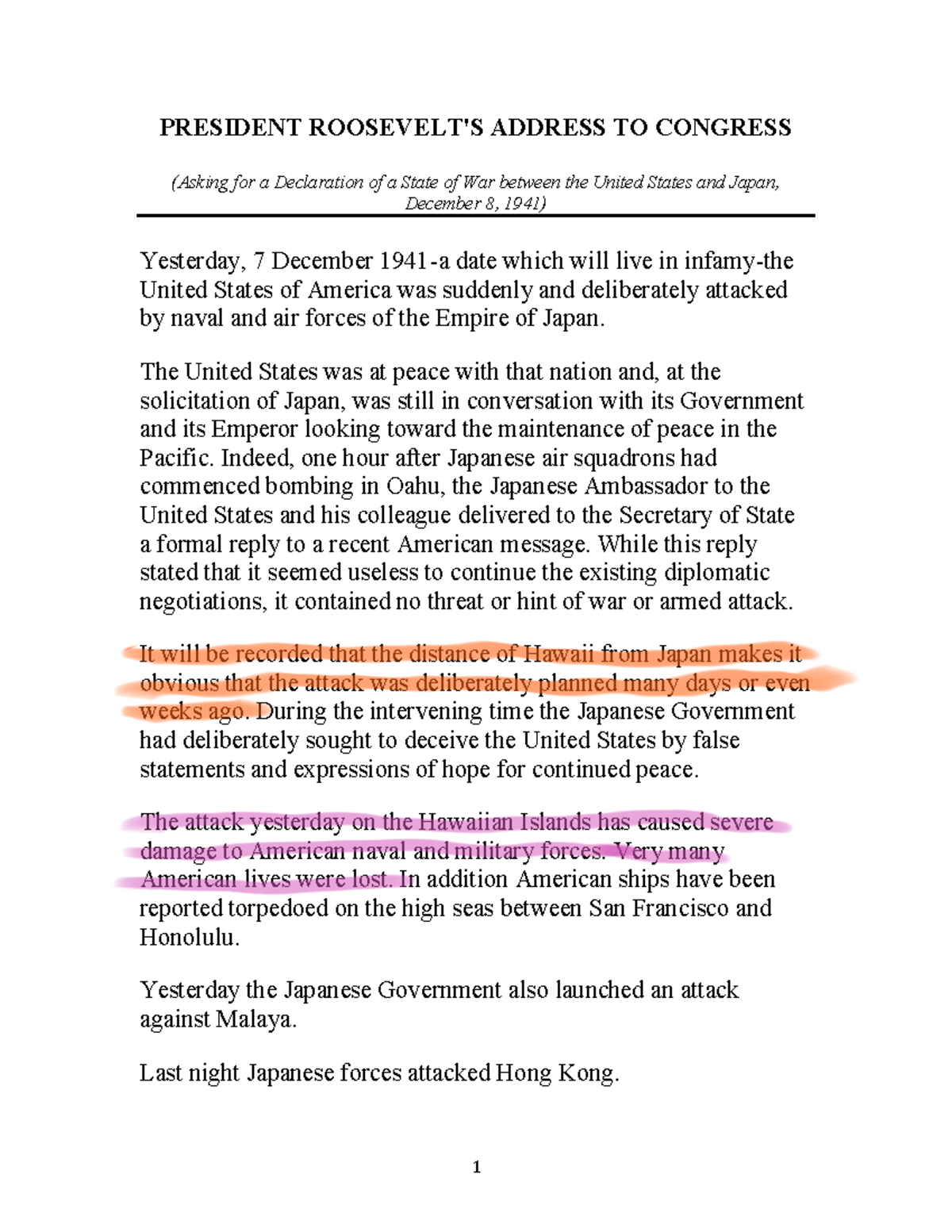 FDR%27S+ Infamy+ Speech-2 - 1 PRESIDENT ROOSEVELT'S ADDRESS TO CONGRESS ...