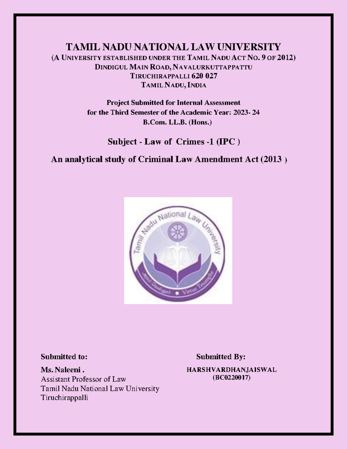 IPC cover page (1) merged - TAMIL NADU NATIONAL LAW UNIVERSITY (A ...