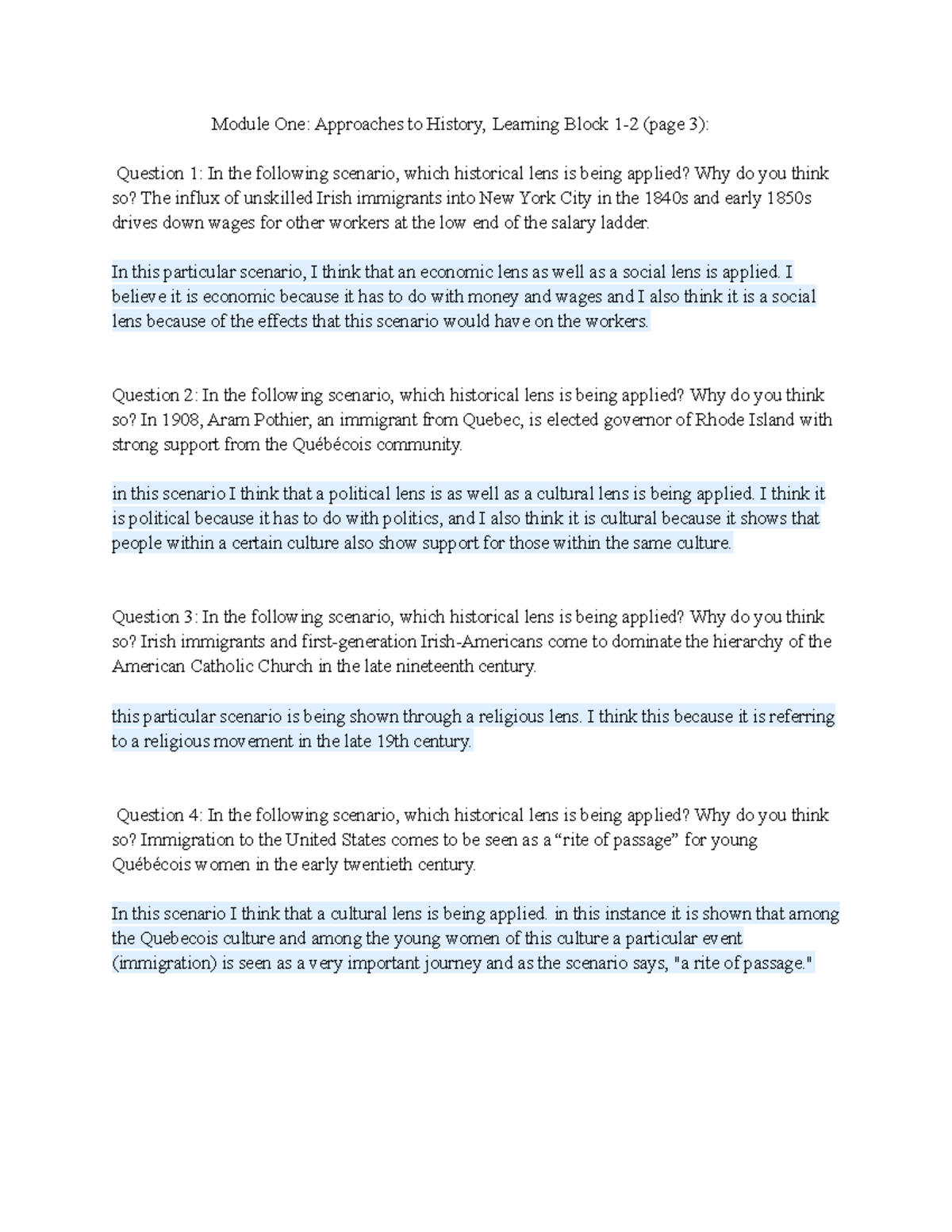 Module one short responses - Module One: Approaches to History ...