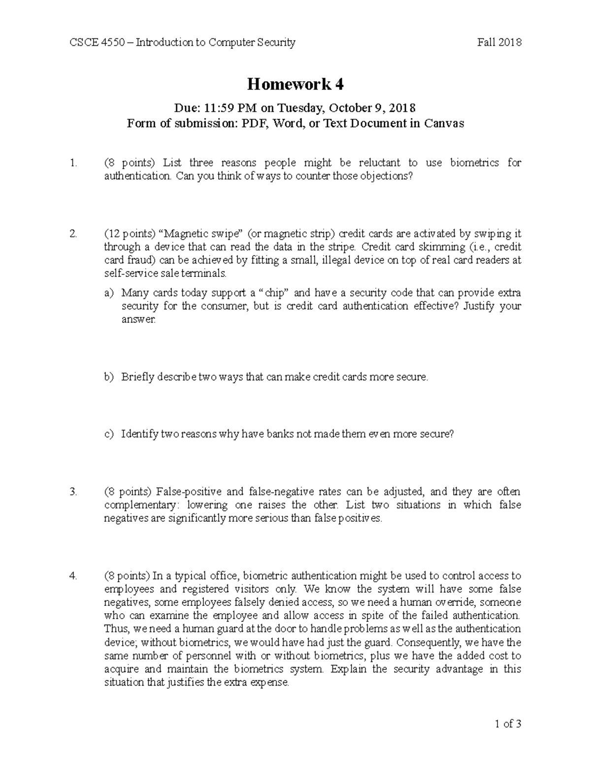 Csce4550 HW4 FA18 - Homework - CSCE 4550 – Introduction to Computer Security Fall 2018 Homework ...