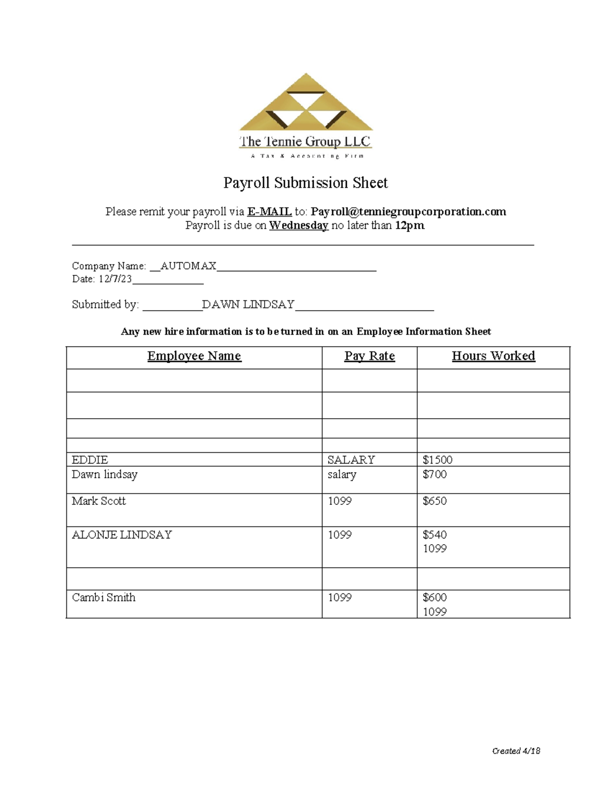 1-12-24 - Payroll Submission Sheet Please remit your payroll via E-MAIL ...