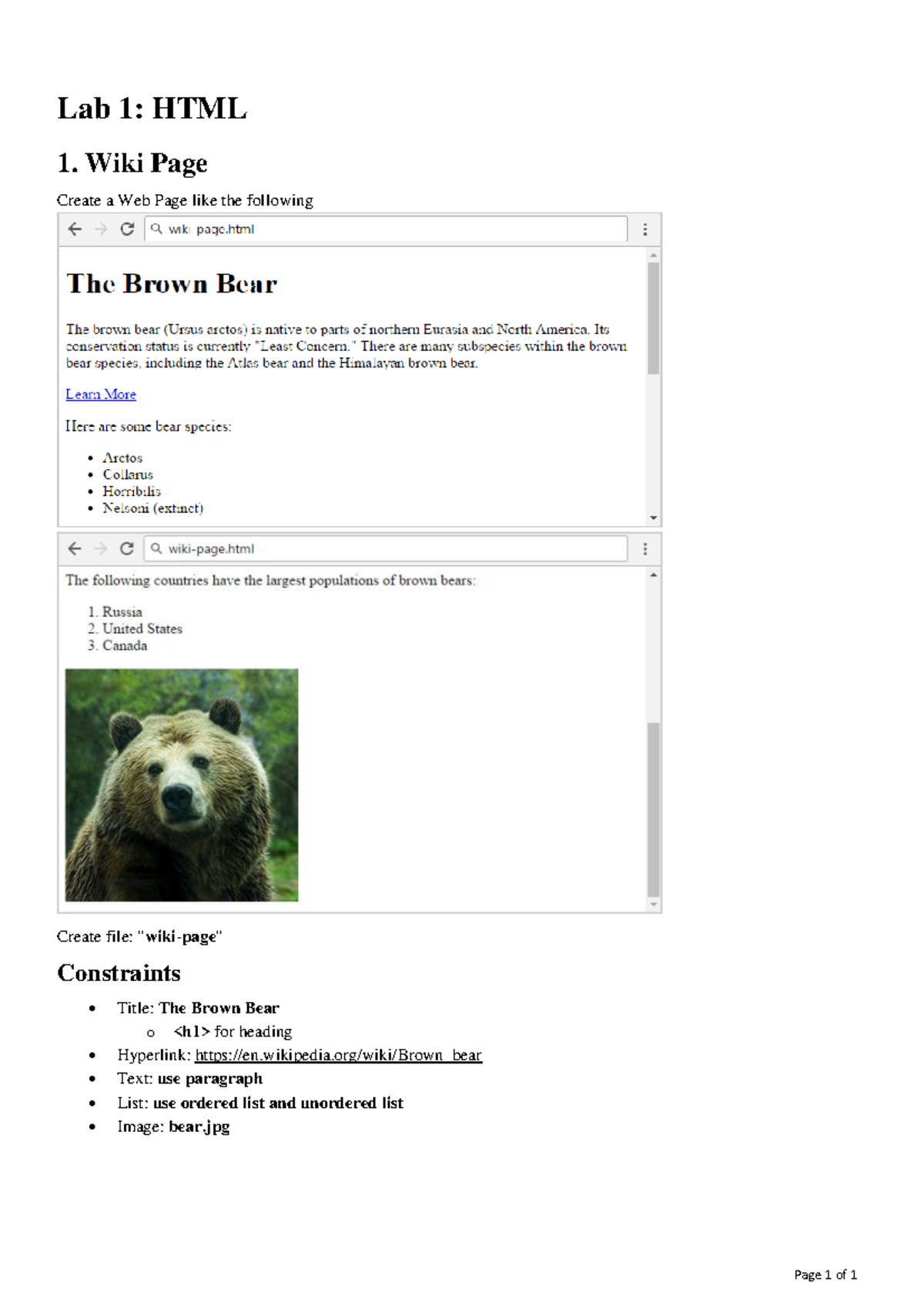 Lab 1 - Jdhdhdh - Information Project Management - Page 1 of 1 Lab 1 : HTML 1. Wiki Page Create ...