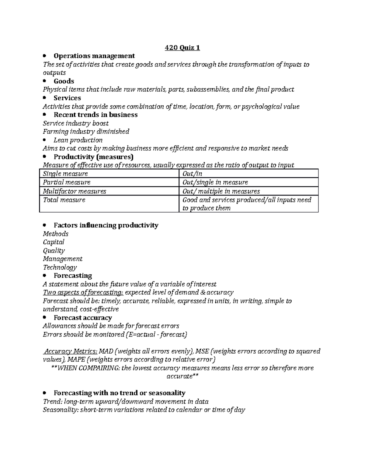 Review - Quiz 1 - quiz 1 revision material - 420 Quiz 1 Operations ...