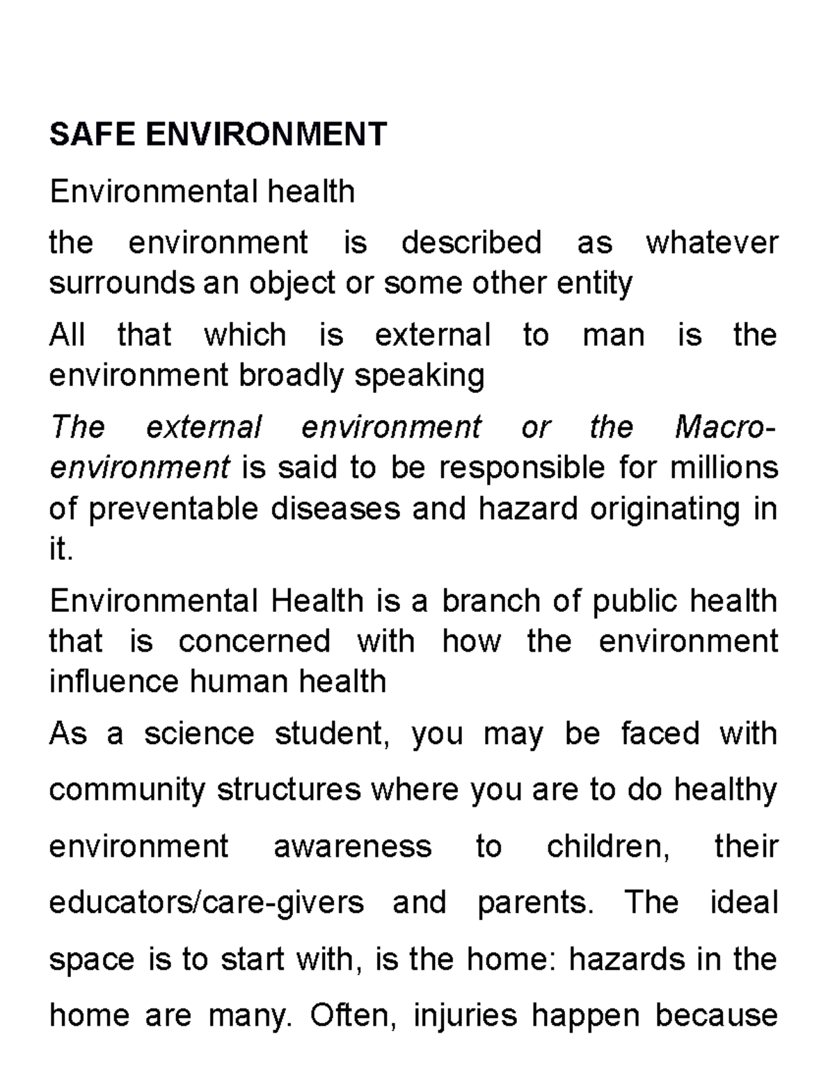 2018 SHEB 000 Environmental Health - SAFE ENVIRONMENT Environmental ...
