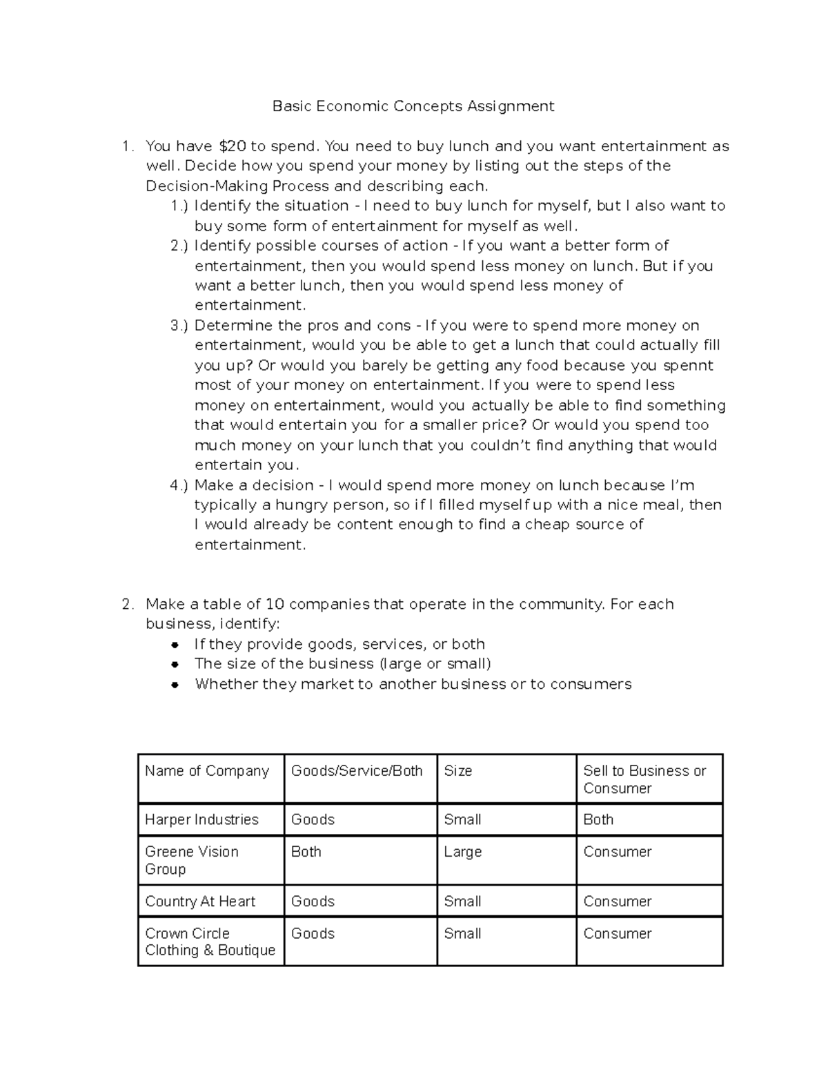 Basic Economic Concepts Assignment - You need to buy lunch and you want ...