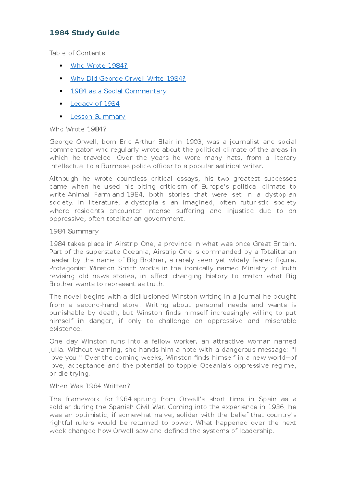 George Orwell 1984 - 1984 Study Guide Table of Contents Who Wrote 1984 ...