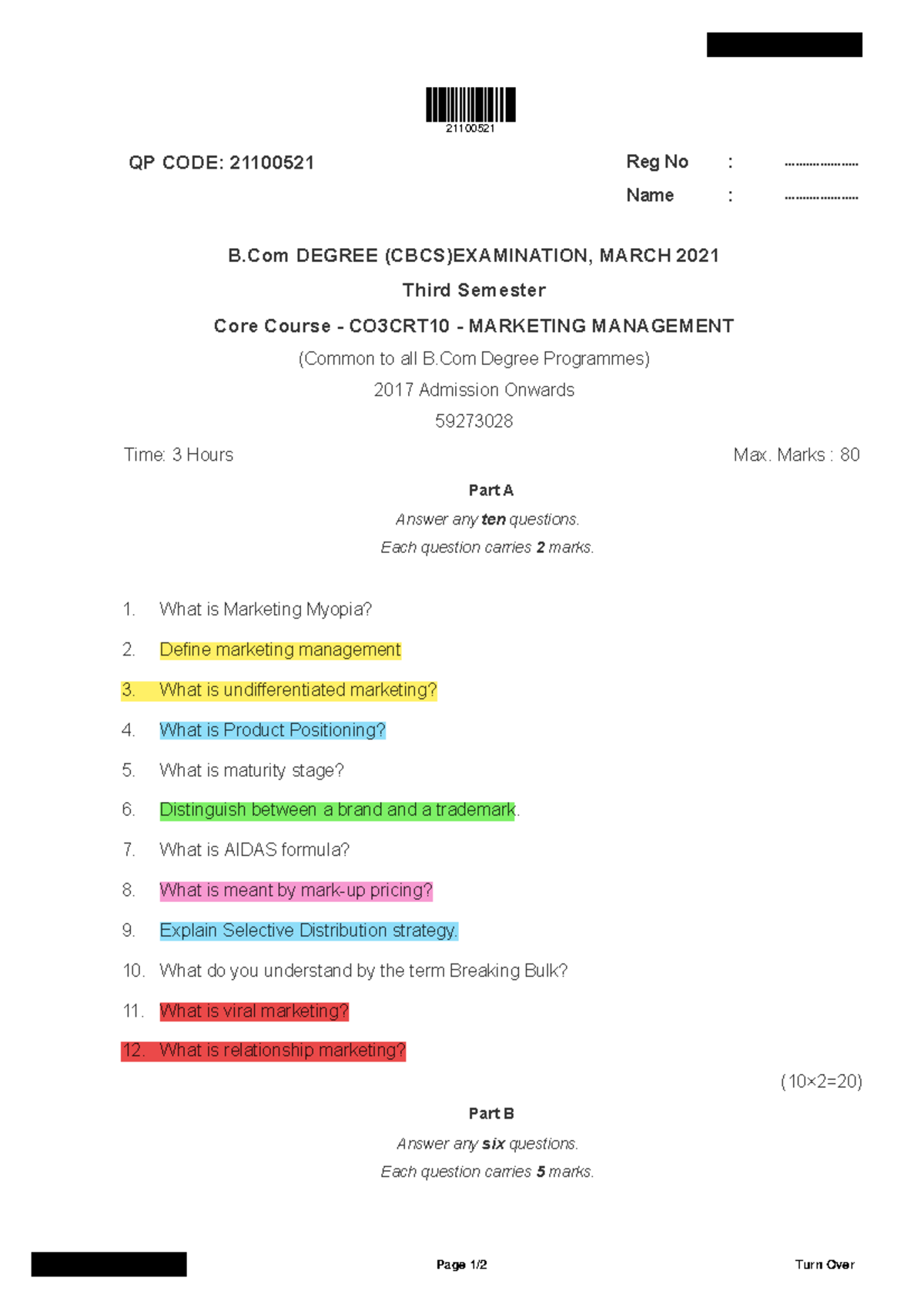 2021 - its previous year qp. - QP CODE: 21100521 Reg No : ..................... Name : - Studocu