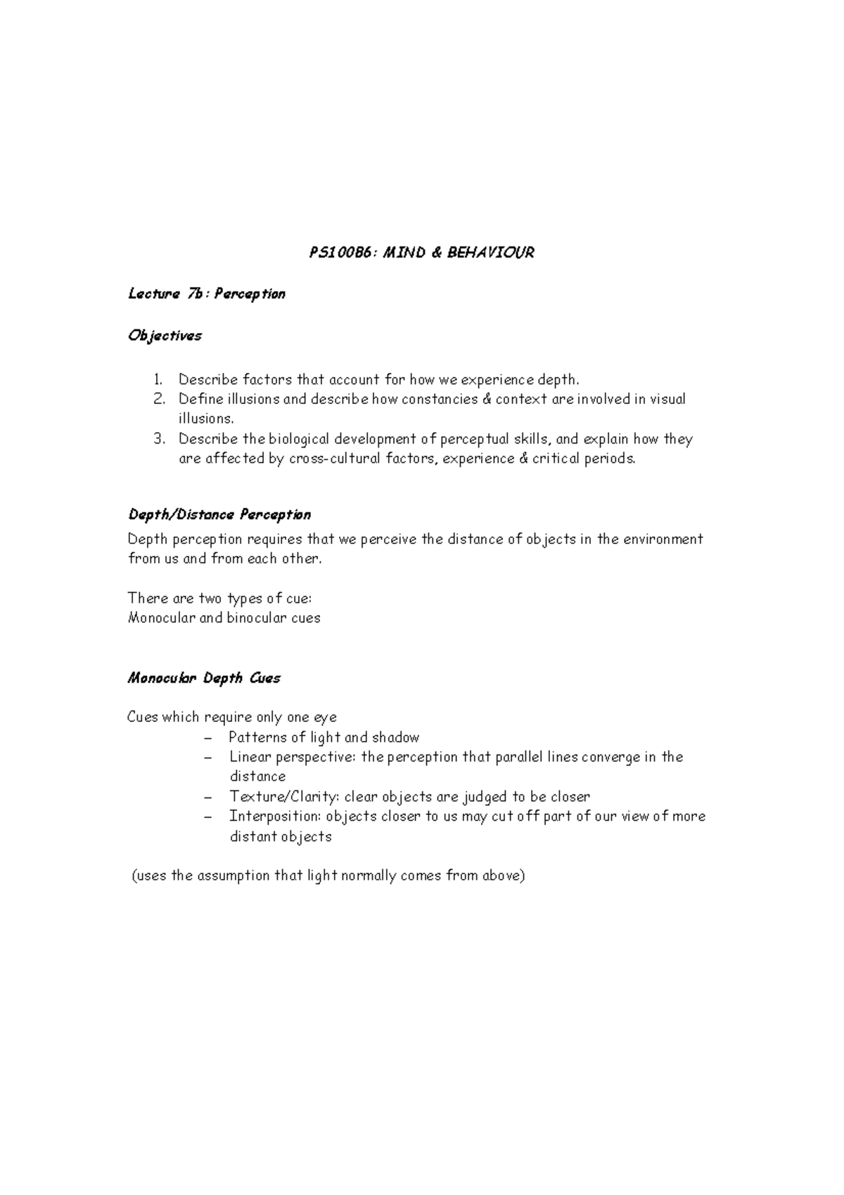 Completed handout for lecture 7b Ian - Sensation and Perception - PS10086: MIND & BEHAVIOUR ...