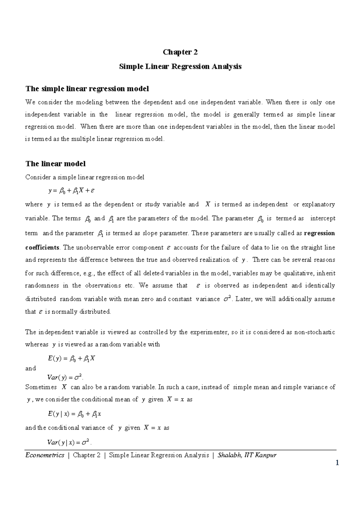 Chapter 2-Econometrics-Simple Linear Regression Analysis - Chapter 2 Simple Linear Regression ...