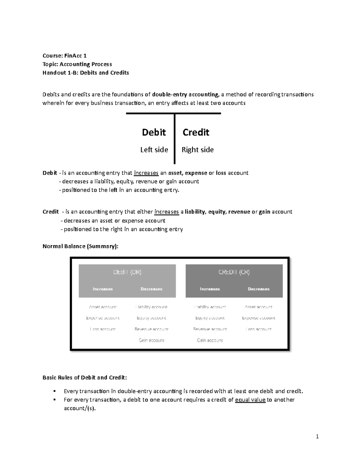 [02] Handout 1B - Debits and Credits - Course: FinAcc 1 Topic ...