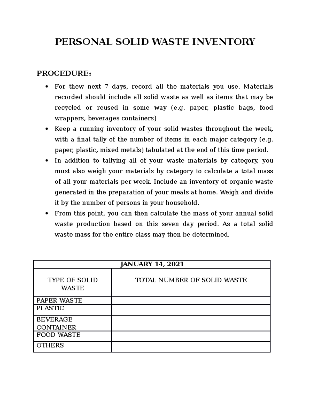 Personal Solid Waste Inventory - PERSONAL SOLID WASTE INVENTORY ...