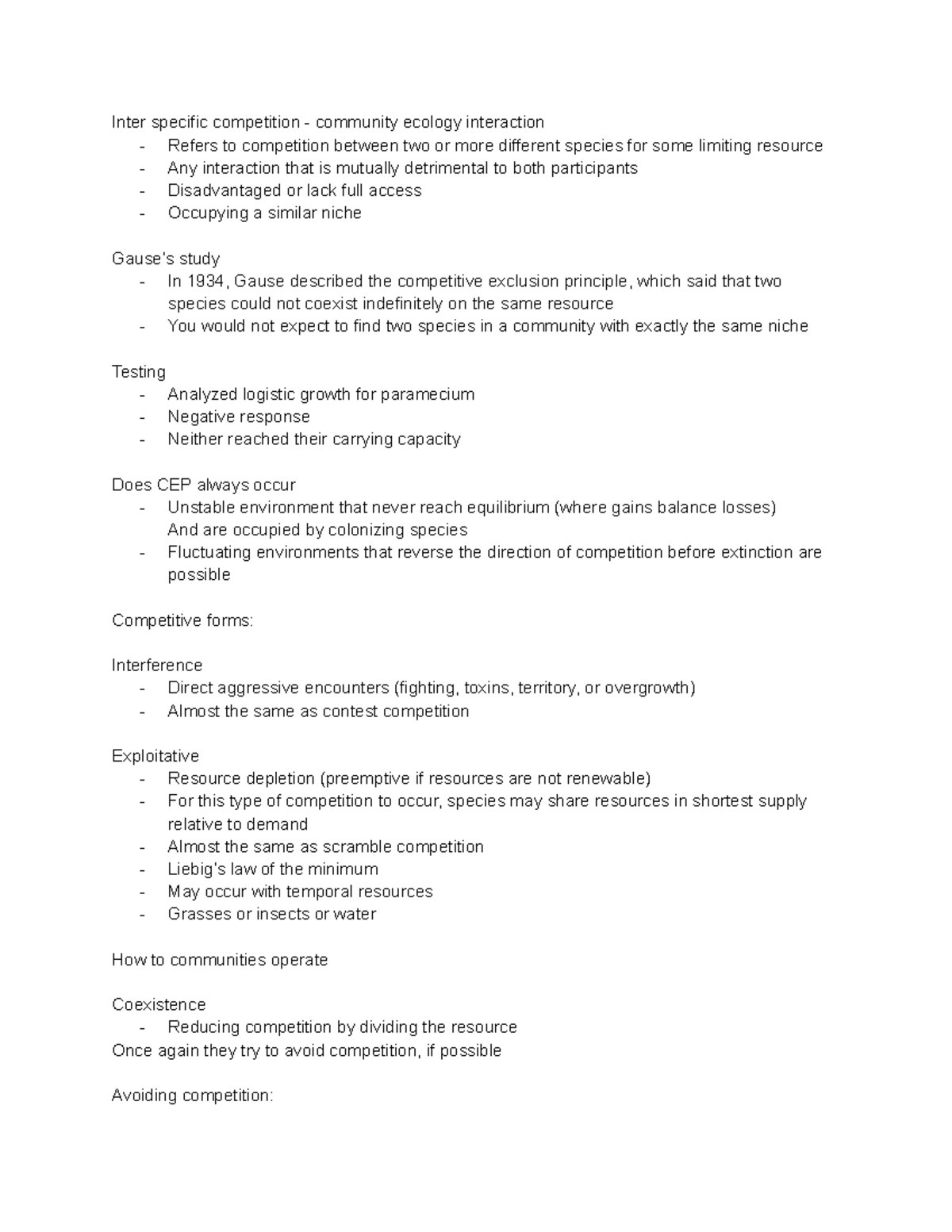 Ecology chapter 17 notes - Inter specific competition - community ...