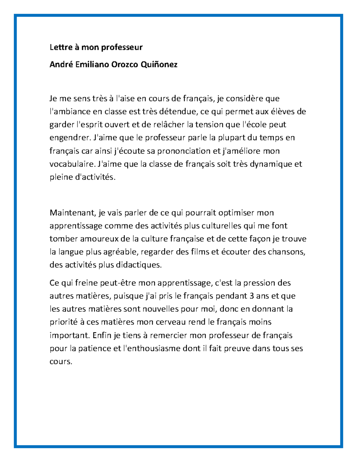 Lettre à mon professeur - Lettre à mon professeur André Emiliano Orozco ...