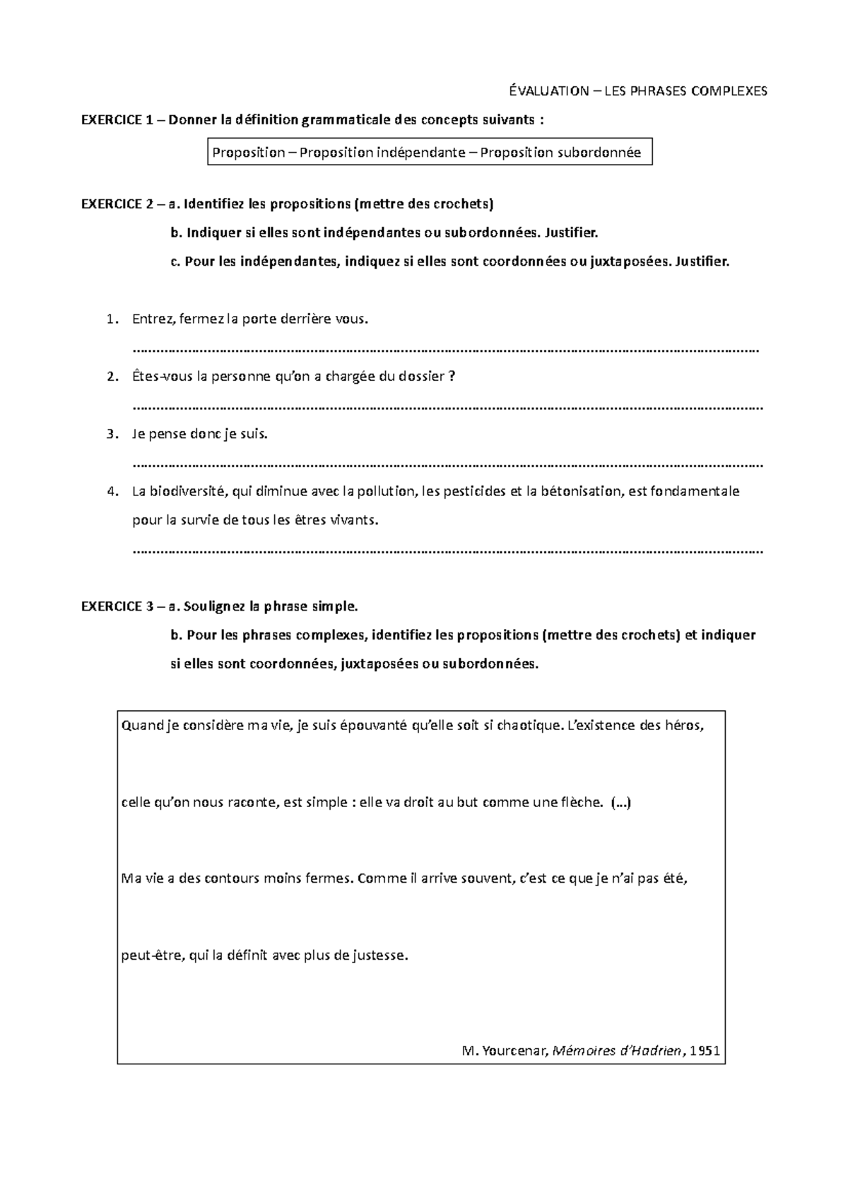 LA Phrase Complexe évaluation - ÉVALUATION – LES PHRASES COMPLEXES ...