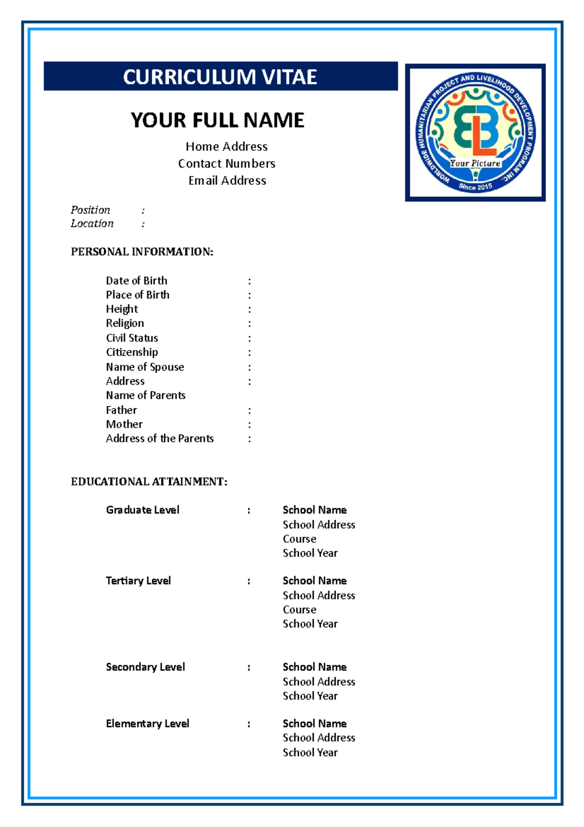 Sample OF Curriculum Vitae - CURRICULUM VITAE YOUR FULL NAME Home ...