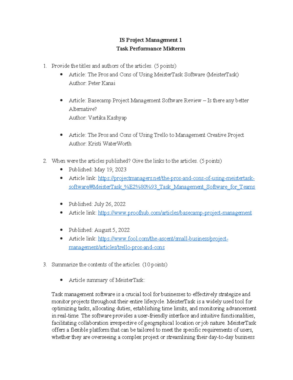 IS Project Management 1 Midterm Task Performance - IS Project Management 1 Task Performance ...