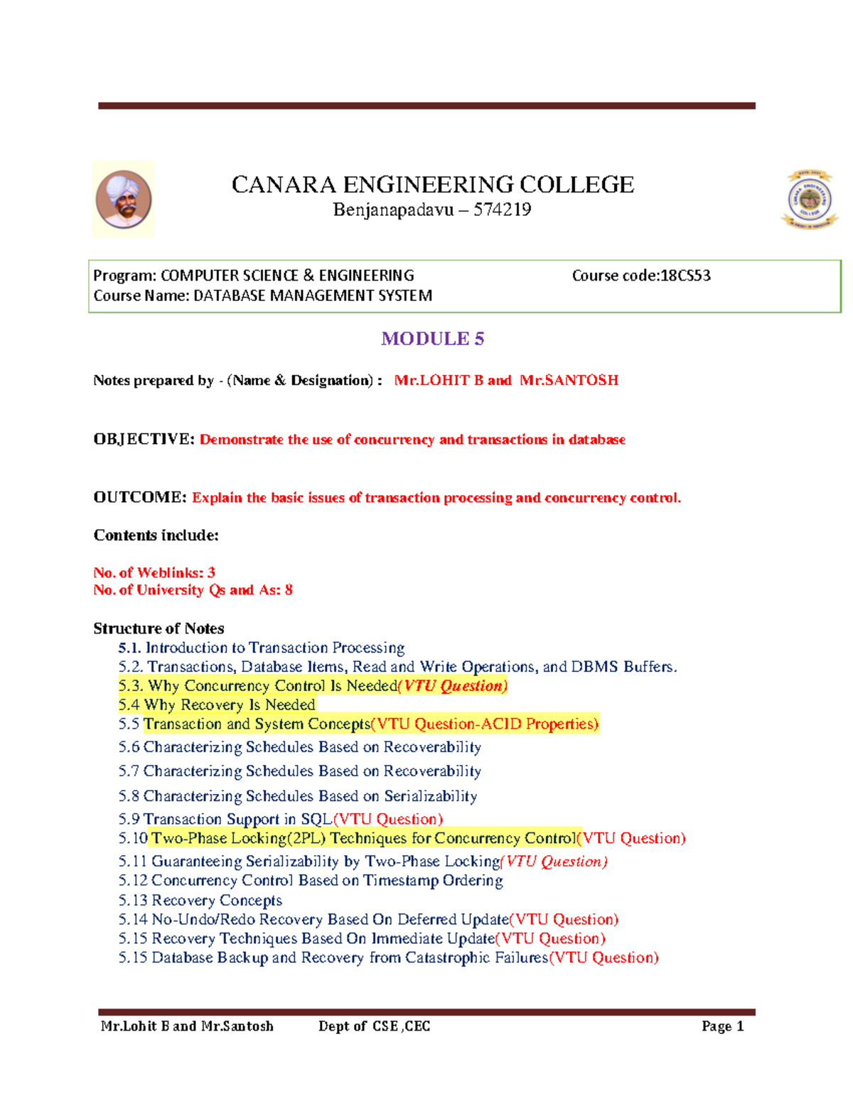 Dbms Module 5 Dbms M5 Canara Engineering College Benjanapadavu