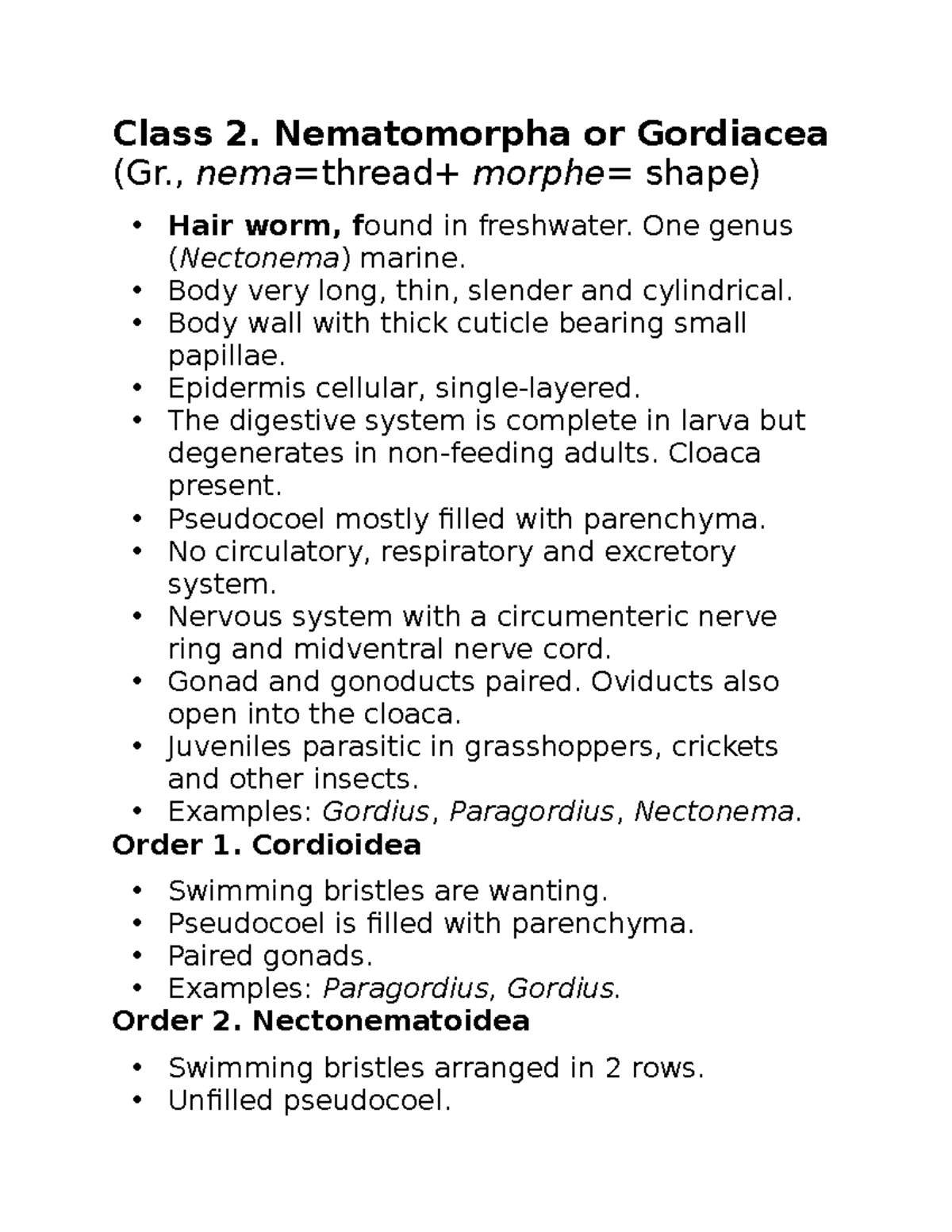 Bio 32 - Notes - Class 2. Nematomorpha or Gordiacea (Gr., nema=thread+ ...