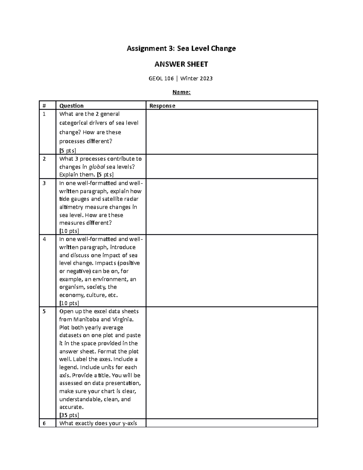A3 Answer Sheet - Assignment 3: Sea Level Change ANSWER SHEET GEOL 106 ...