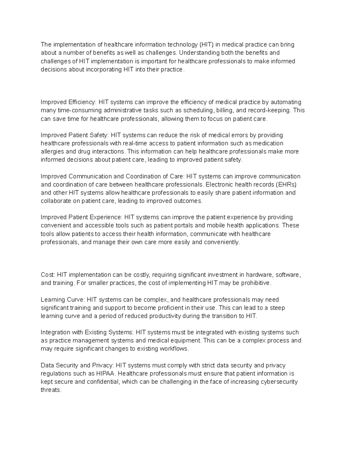 The Benefits and Challenges of HIT Implementation in Medical Practice ...