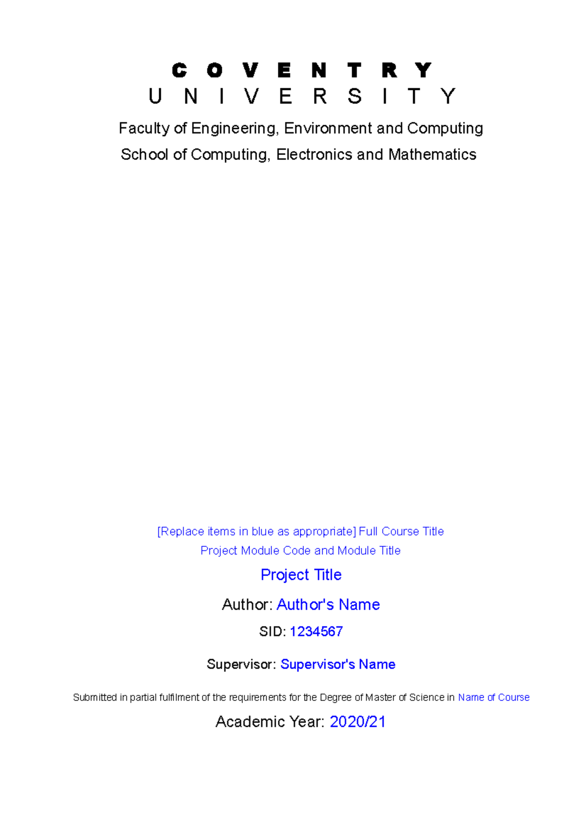 Project Report Template - C O V E N T R Y U N I V E R S I T Y Faculty ...