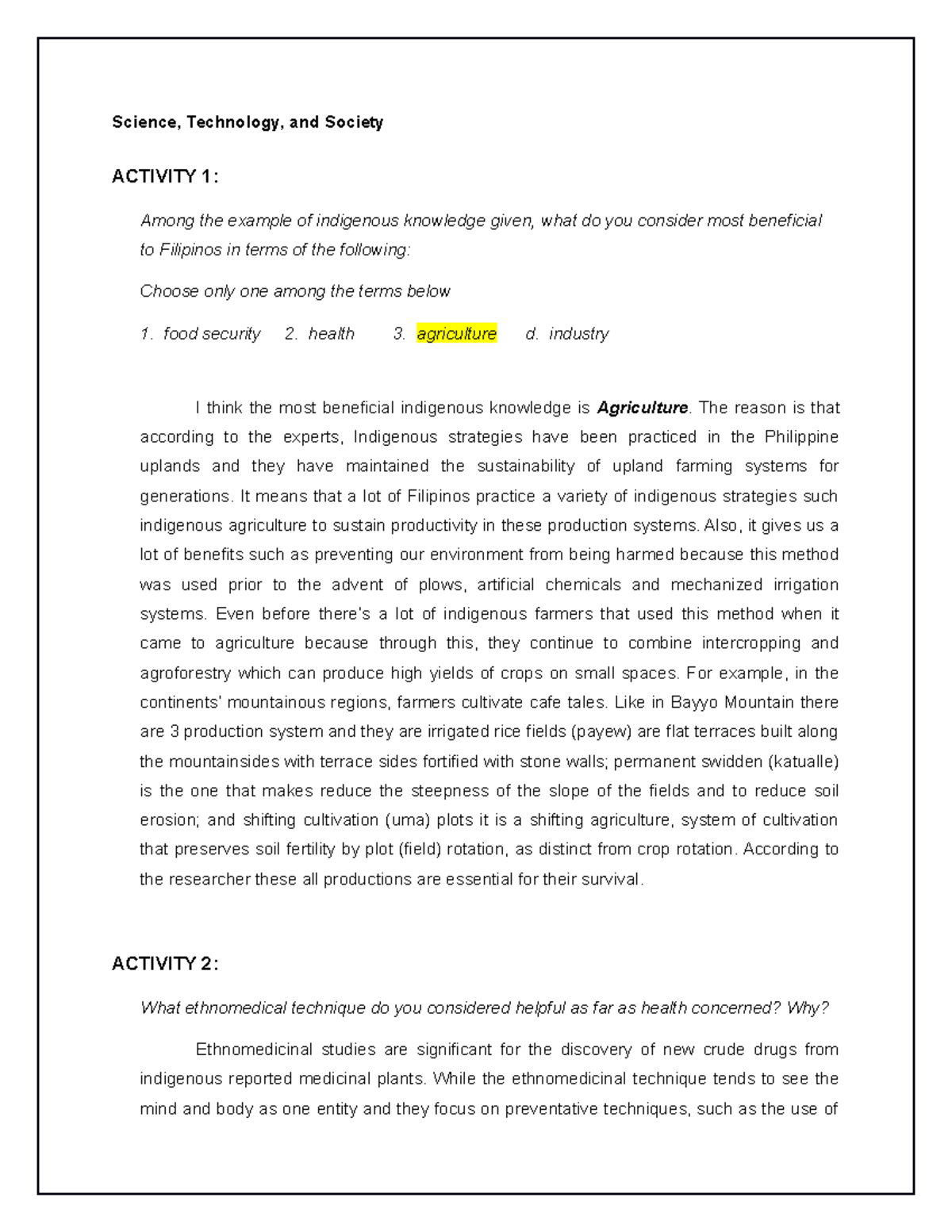 Science, Technology and Society Activity 2 Indigenous - Science ...