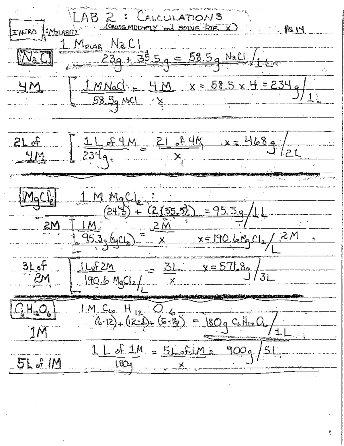 Lab 2 Calculations - LAB 2 : CALCULATIONS INTRO :MOLARITY (CROSS MULTIPLY and SOLVE FOR X) PG14 ...