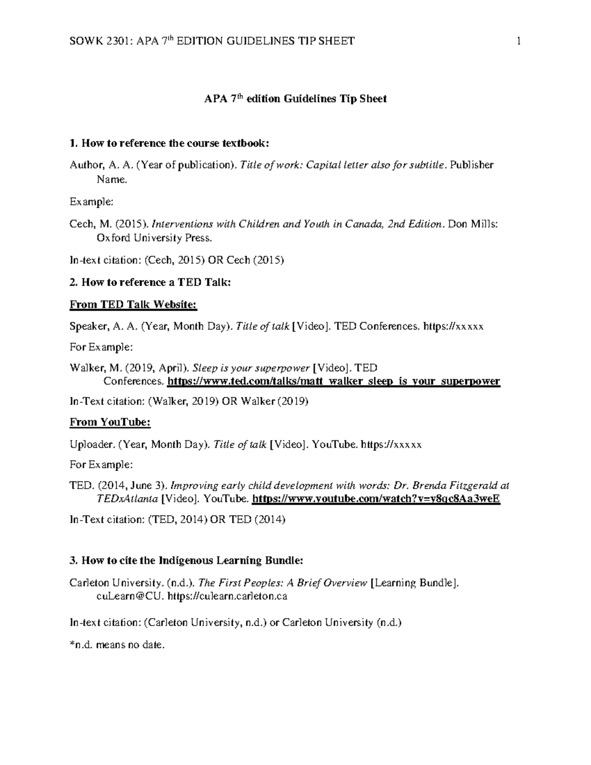 APA Guidelines Tip Sheet - Phil 3002 - Carleton - Studocu