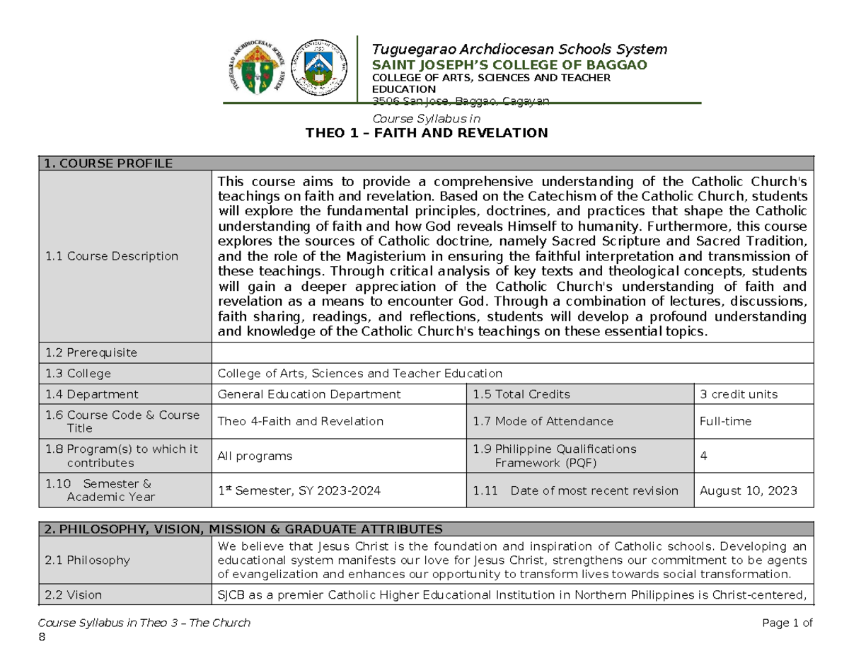 Theology 1 Faith and Revelation - Course Syllabus in THEO 1 – FAITH AND ...