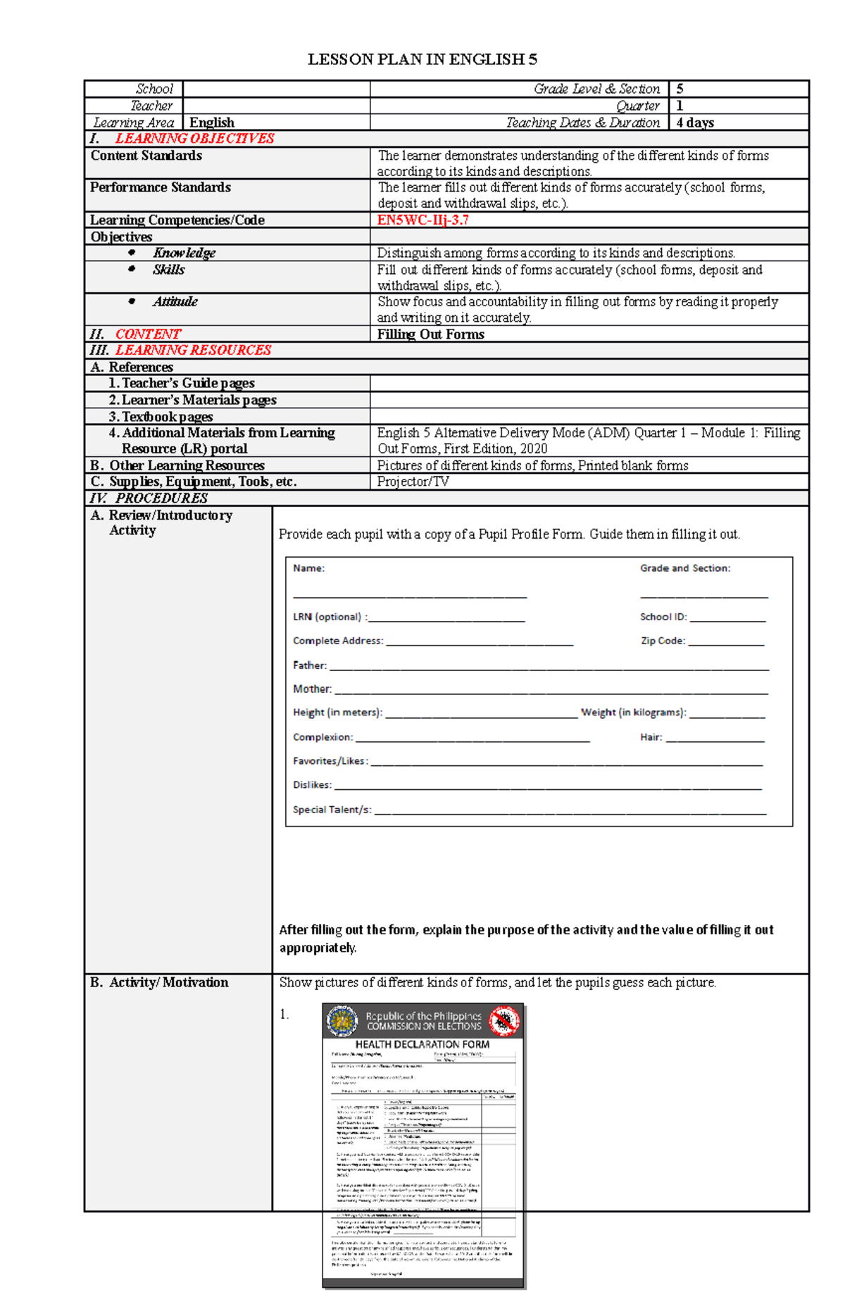 English 5 Quarter 1 Filling Out Forms - LESSON PLAN IN ENGLISH 5 School ...