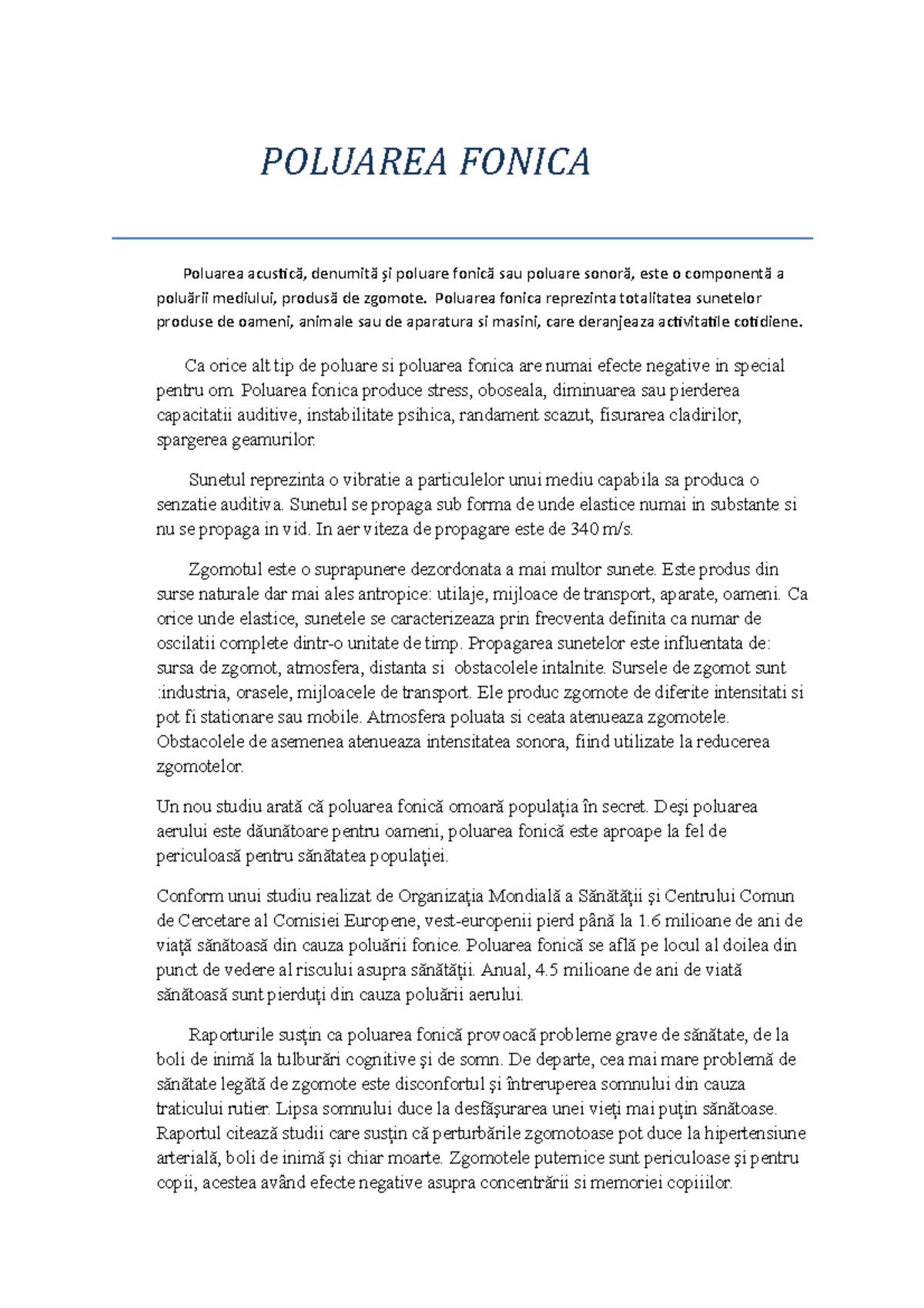 Poluarea Fonetica - POLUAREA FONICA Poluarea acustică, denumită și ...