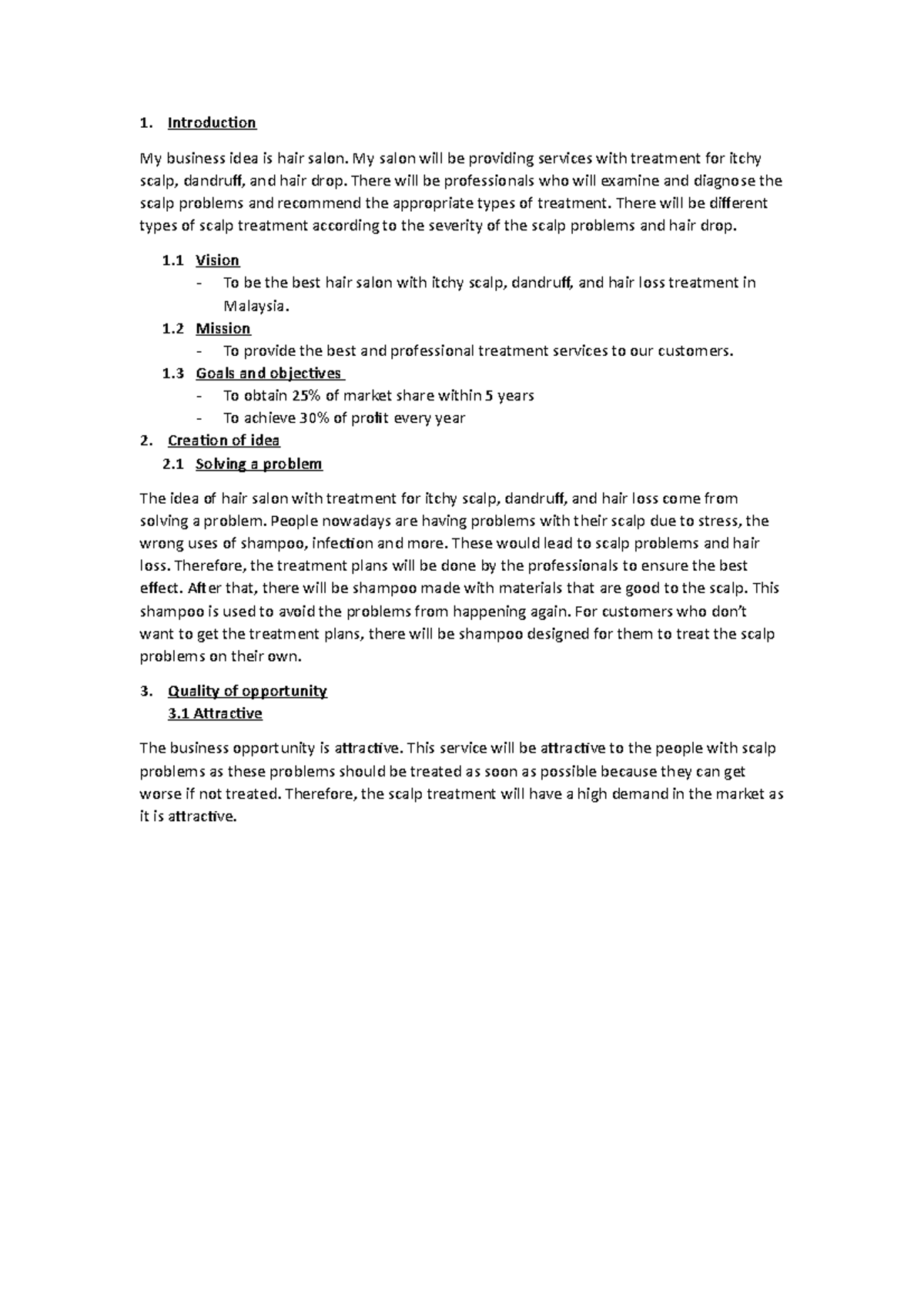 Es indi assignment - Introduction My business idea is hair salon. My ...