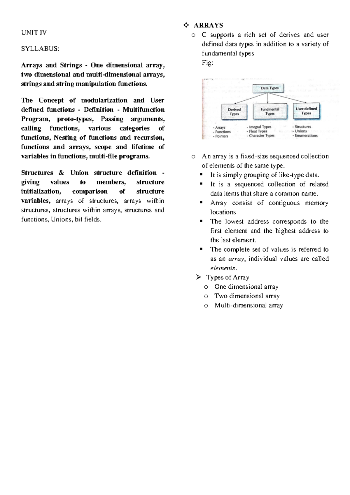 Problem Solving Using C (1) (5) 241115 091120 - UNIT IV SYLLABUS: Arrays and Strings - One - Studocu