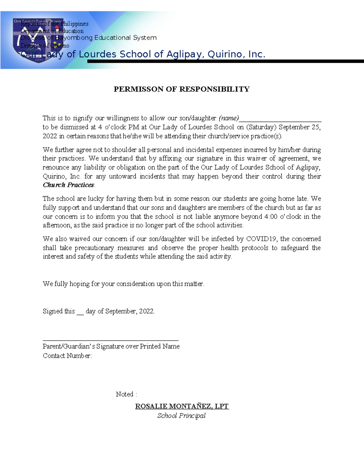 Waiver OF Responsibility - PERMISSON OF RESPONSIBILITY This is to ...