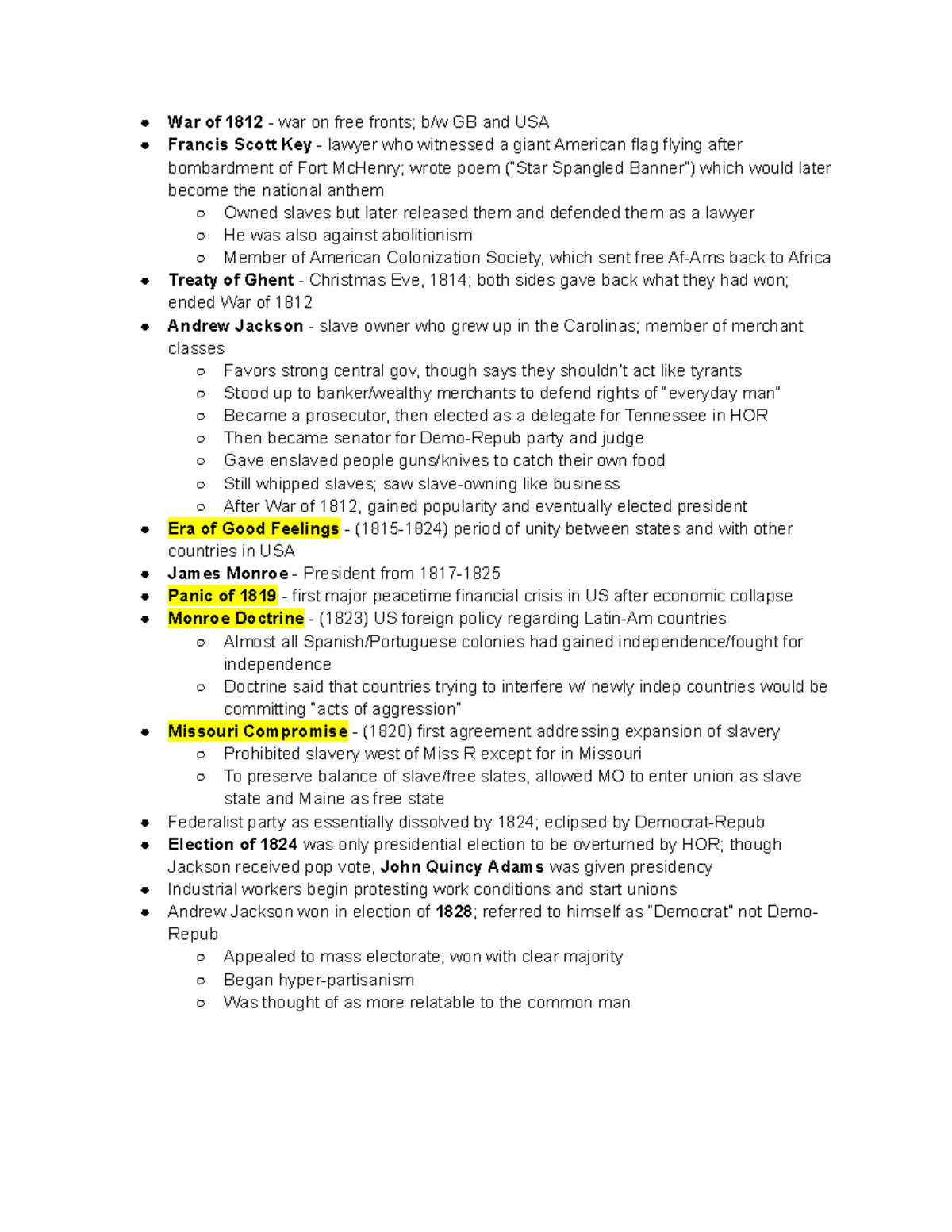 HY - 2 22 17 - Lecture notes 11 - War of 1812 - war on free fronts; b/w ...