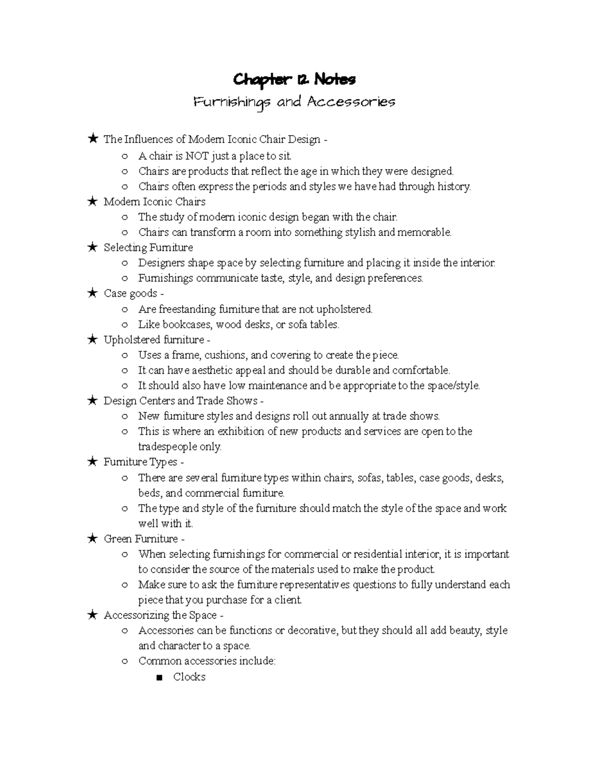 AR283 Chapter 12 Notes - Chapter 12 Notes Furnishings and Accessories ...