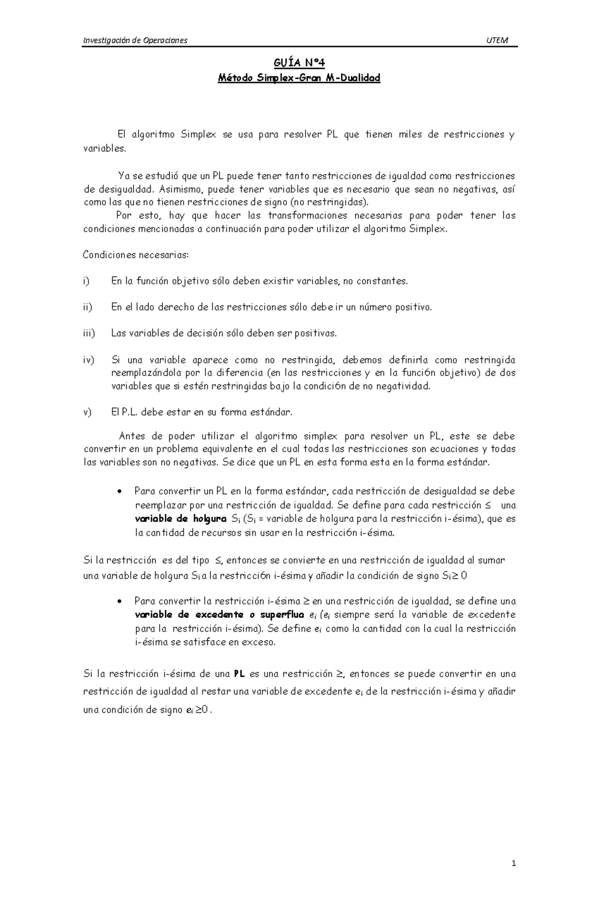 Gu Ia-N4-Simplexgran-Mdual - GUÕA N∞ MÈtodo Simplex-Gran M-Dualidad El algoritmo Simplex se usa ...