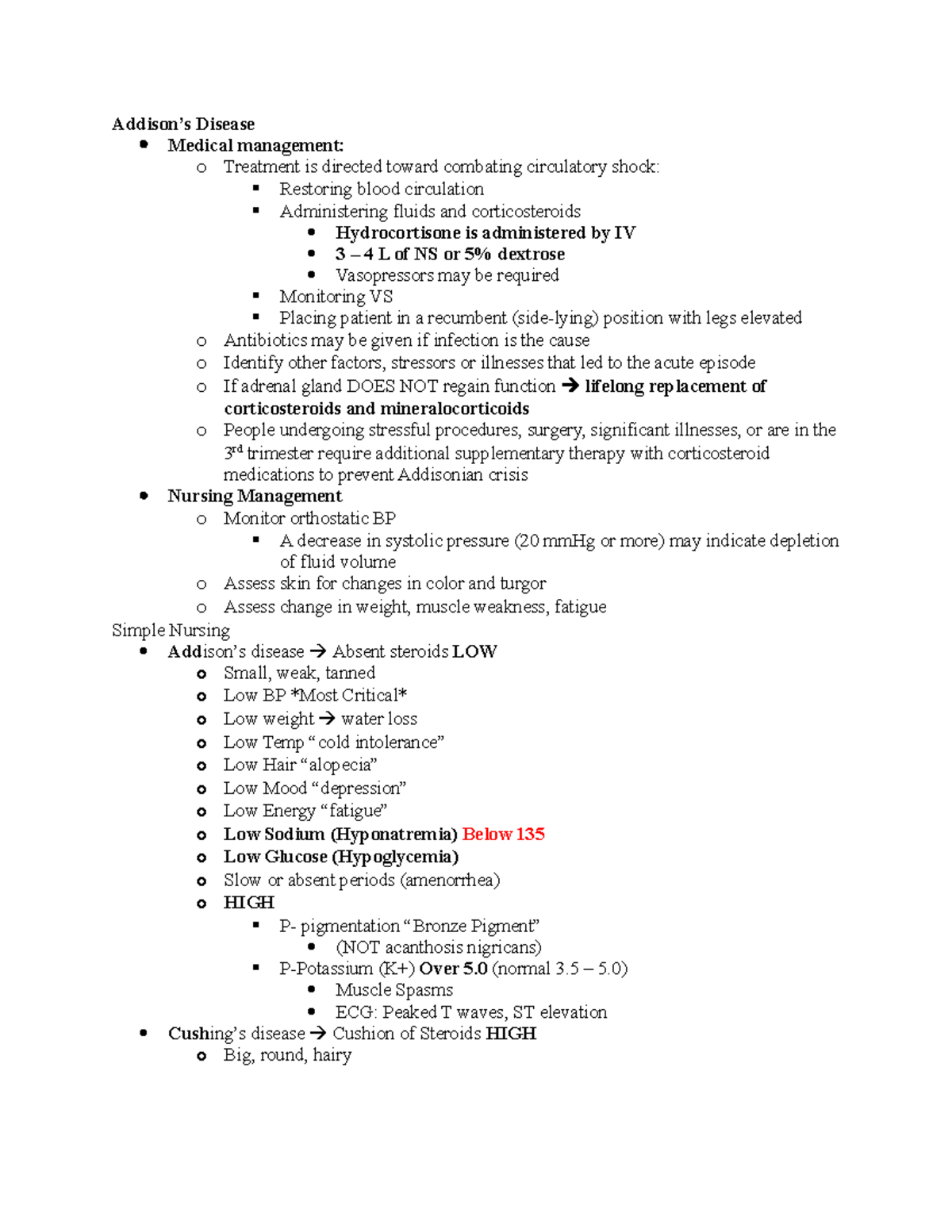 Additional Test Material - Addison’s Disease Medical management: o ...