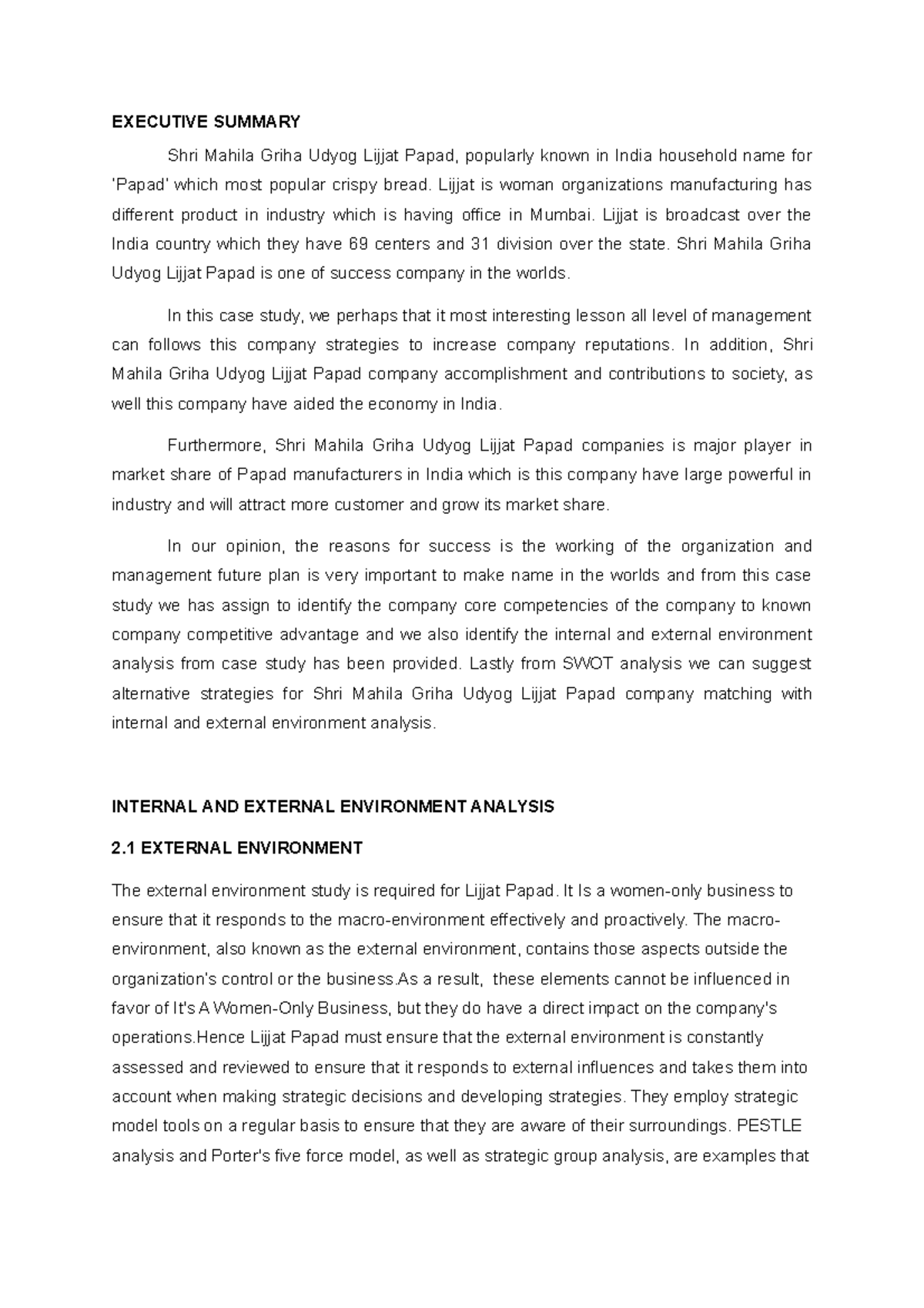 Internal AND External Environment Analysis 1 - EXECUTIVE SUMMARY Shri ...