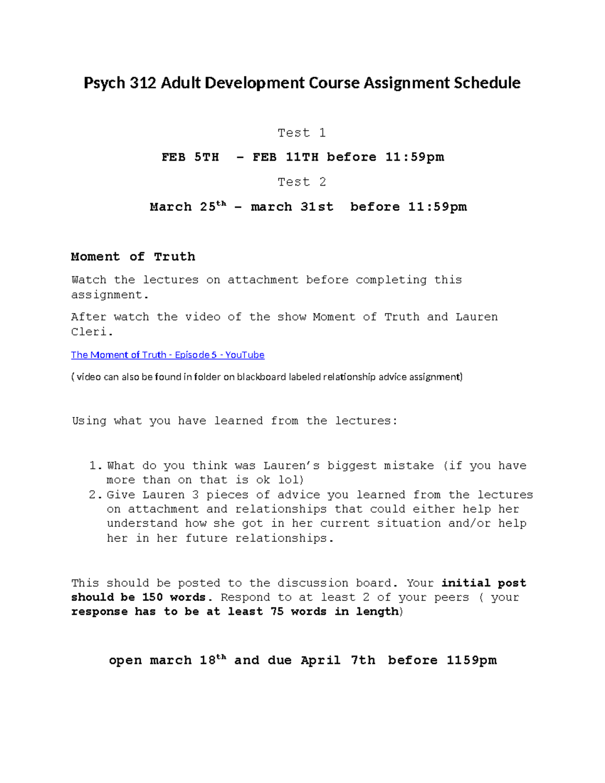 Psych 312 Adult Development Course Assignment Schedule spring 2024 - Psych 312 Adult Development ...