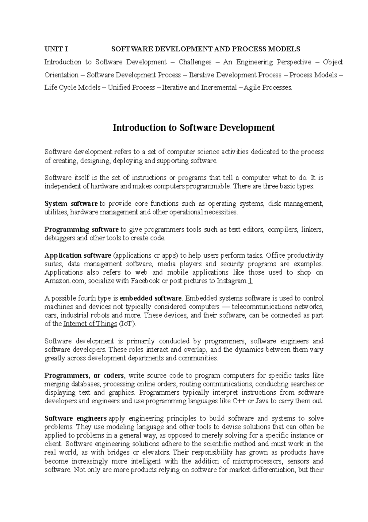 Unit 1 - OOSE - UNIT I SOFTWARE DEVELOPMENT AND PROCESS MODELS Introduction to Software ...