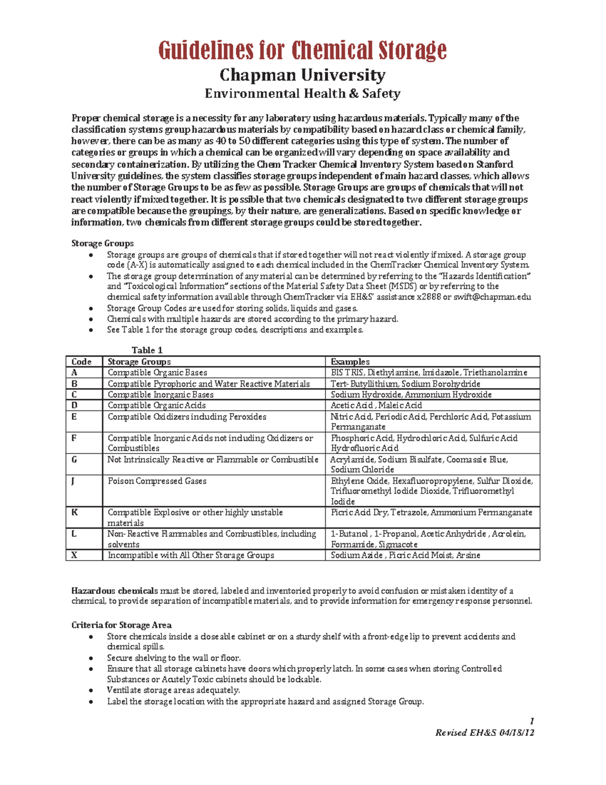 Guidelines for chemical storage - Chapman University Environmental ...