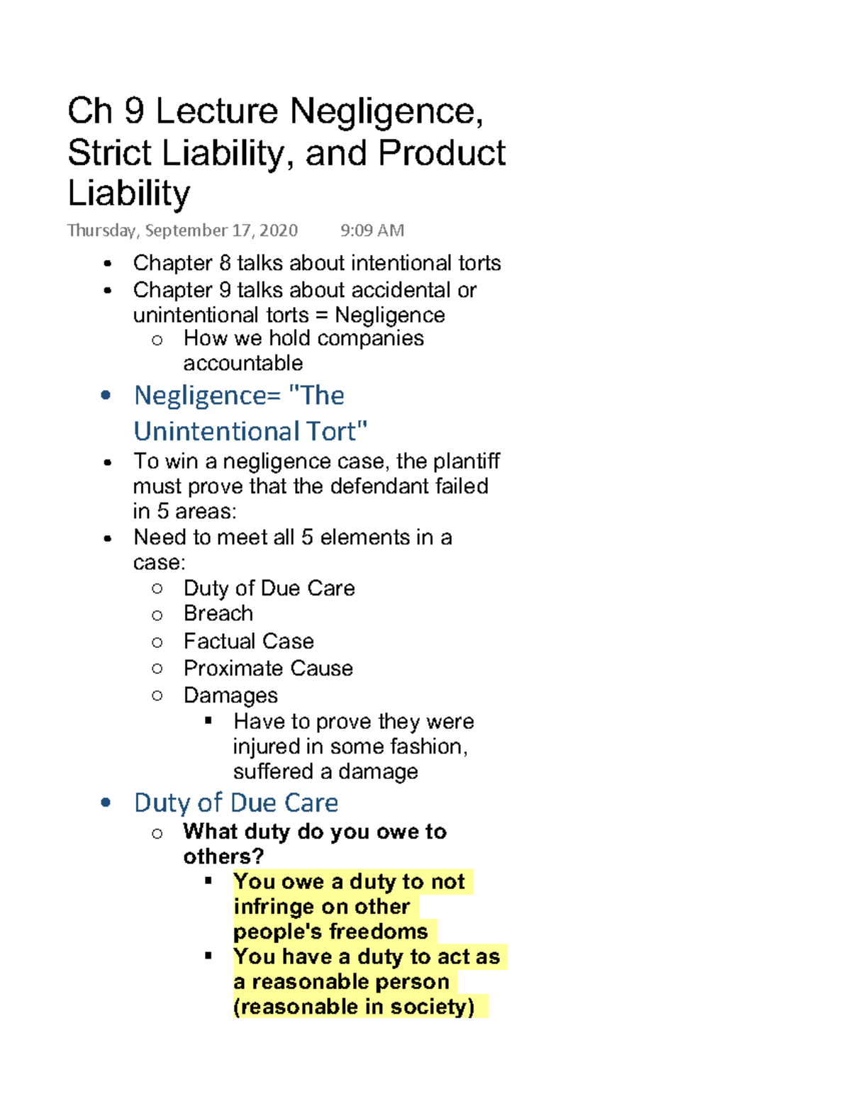 Ch 9 Lecture Negligence, Strict Liability, and Product Liability - Chapter 8 talks about ...