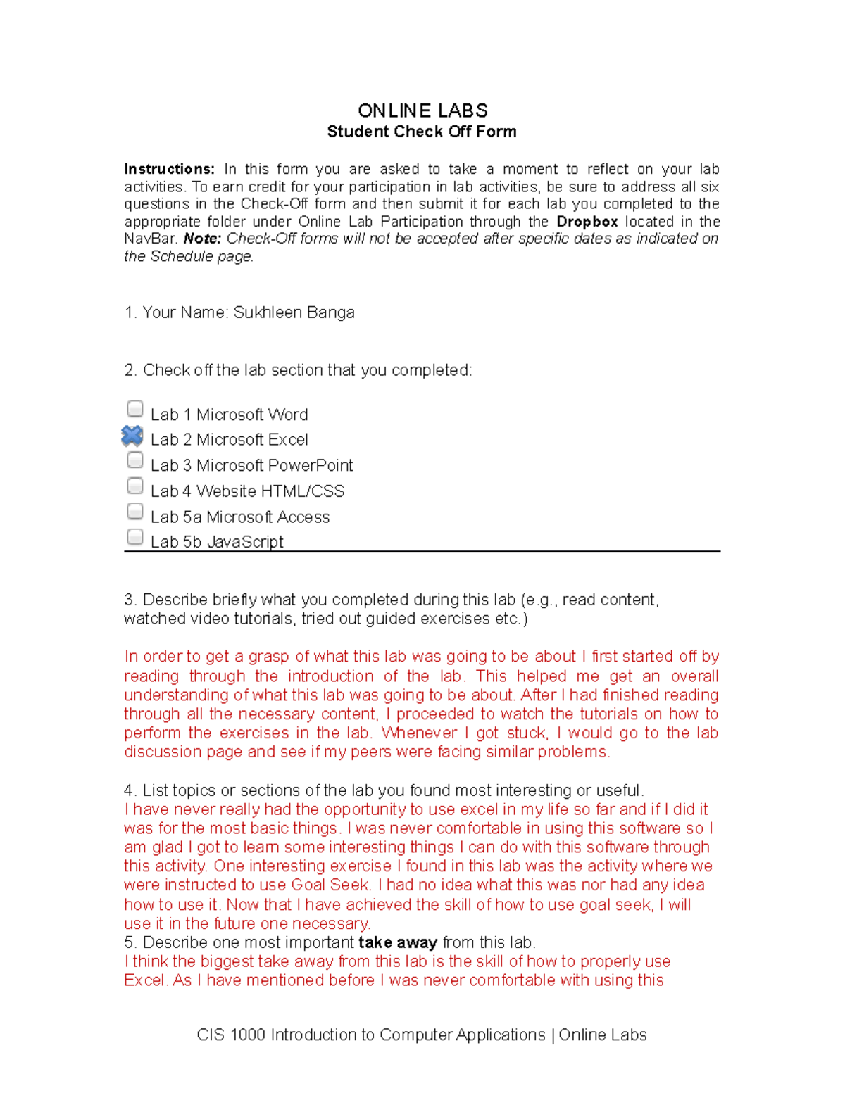 Lab Check Off Form Excel - ONLINE LABS Student Check Off Form ...