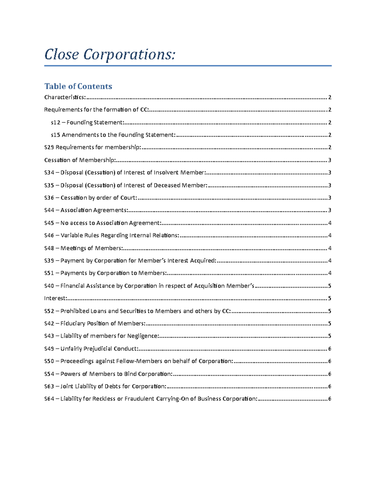 Close Corporations - Own Notes - Close Corporations: Table of Contents ...